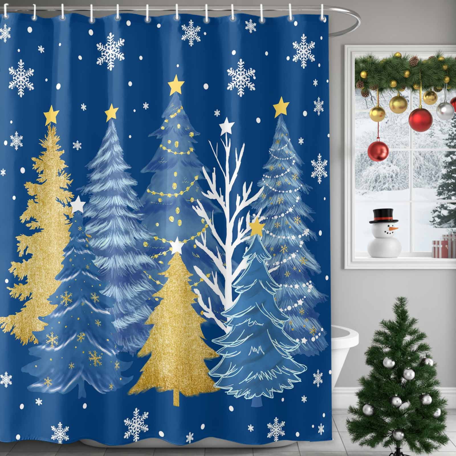 Christmas Tree Shower Curtain Winter Snowflakes Blue Gold Tree Stars ...