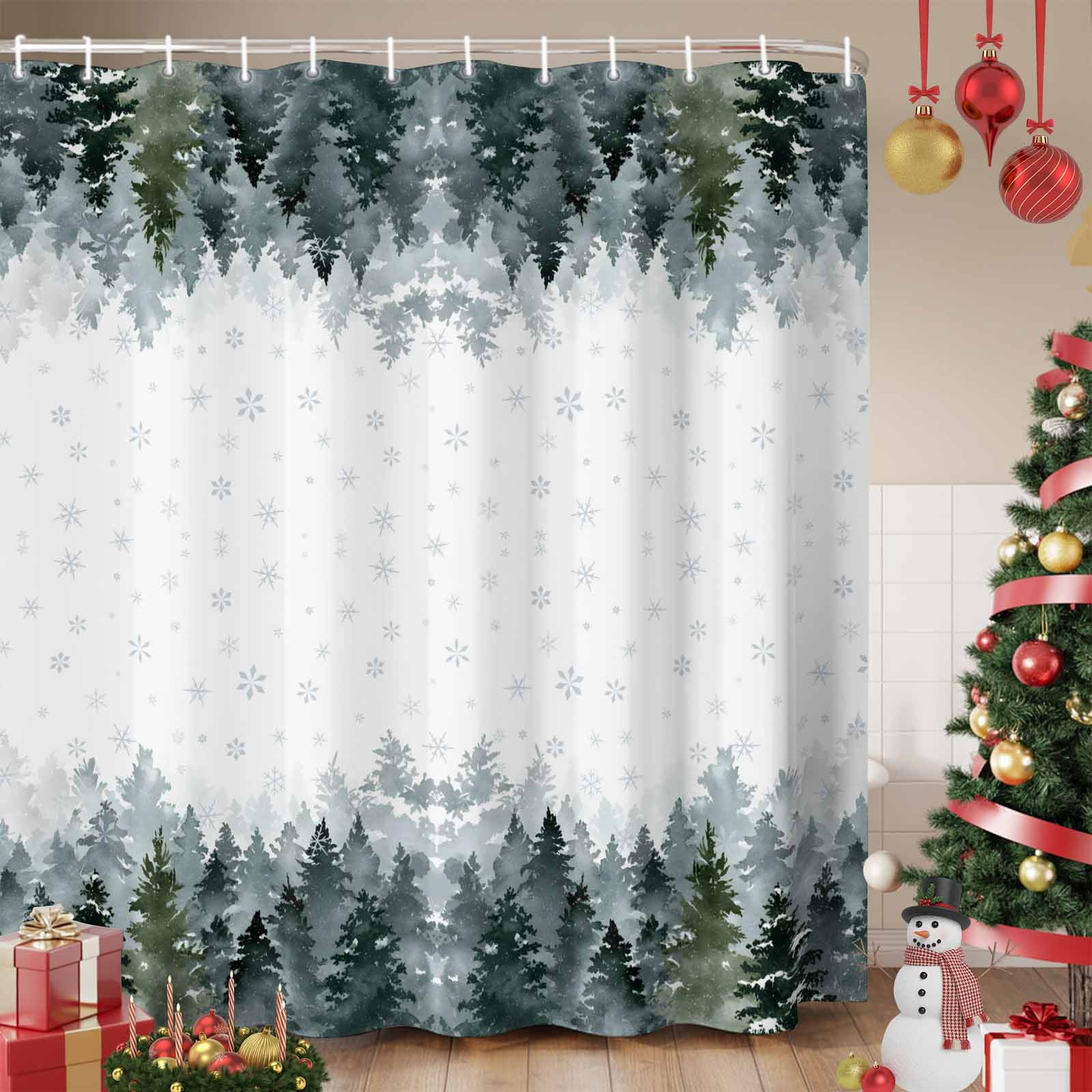 Christmas Tree Shower Curtain, Winter Snowflakes Xmas Pine Tree ...