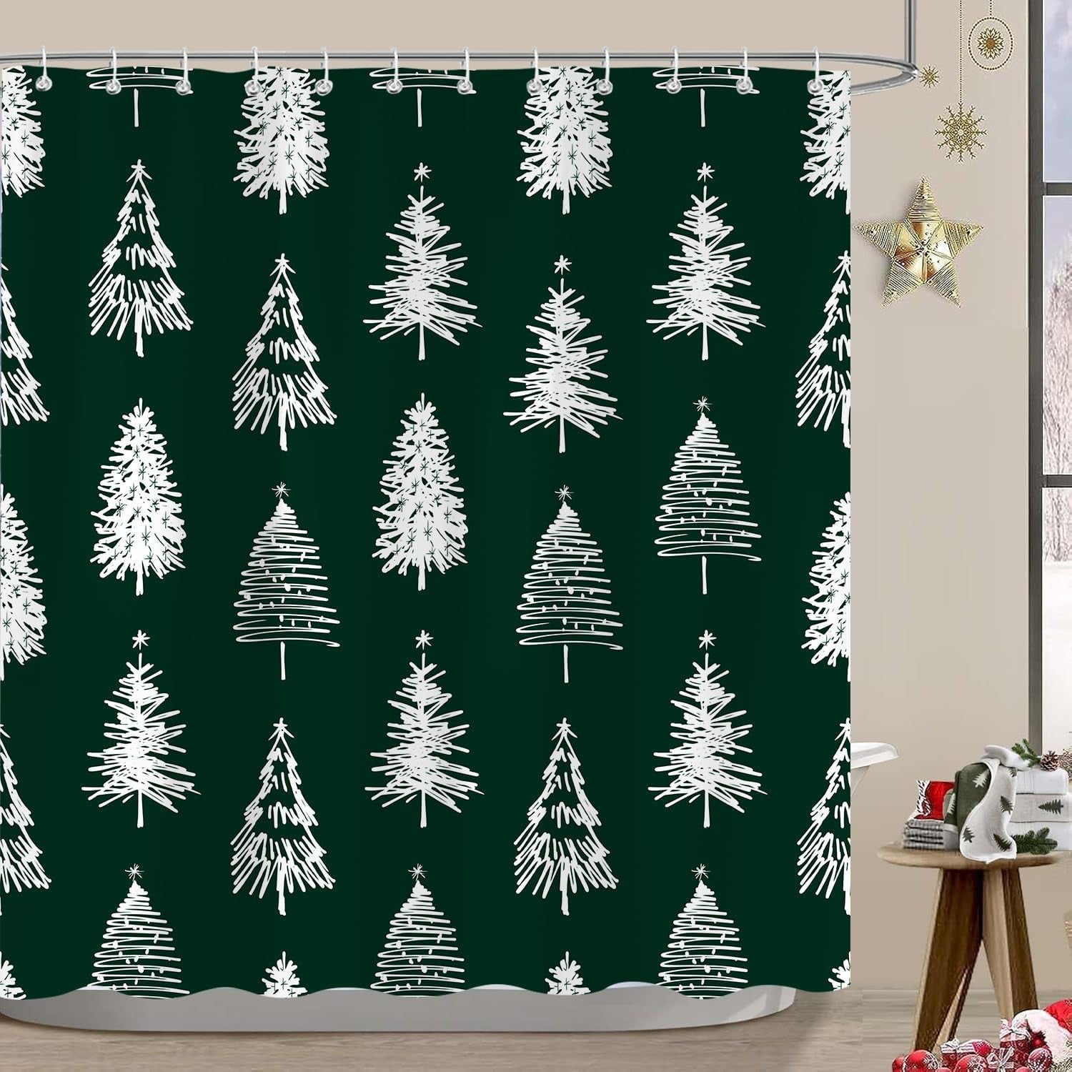 Christmas Tree Shower Curtain, Winter Xmas Pine Trees New Year Holiday ...