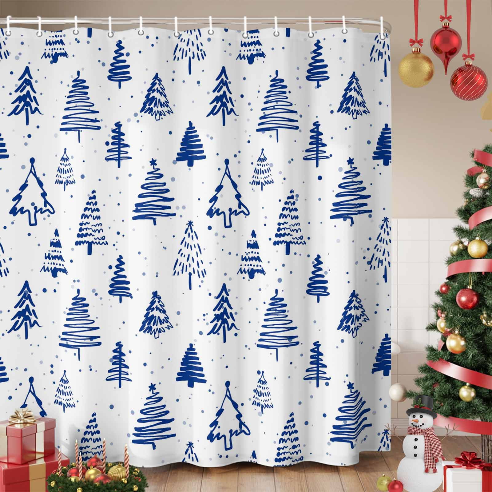 Christmas Tree Shower Curtain, Xmas Blue Cartoon Tree Snowflakes Rustic ...