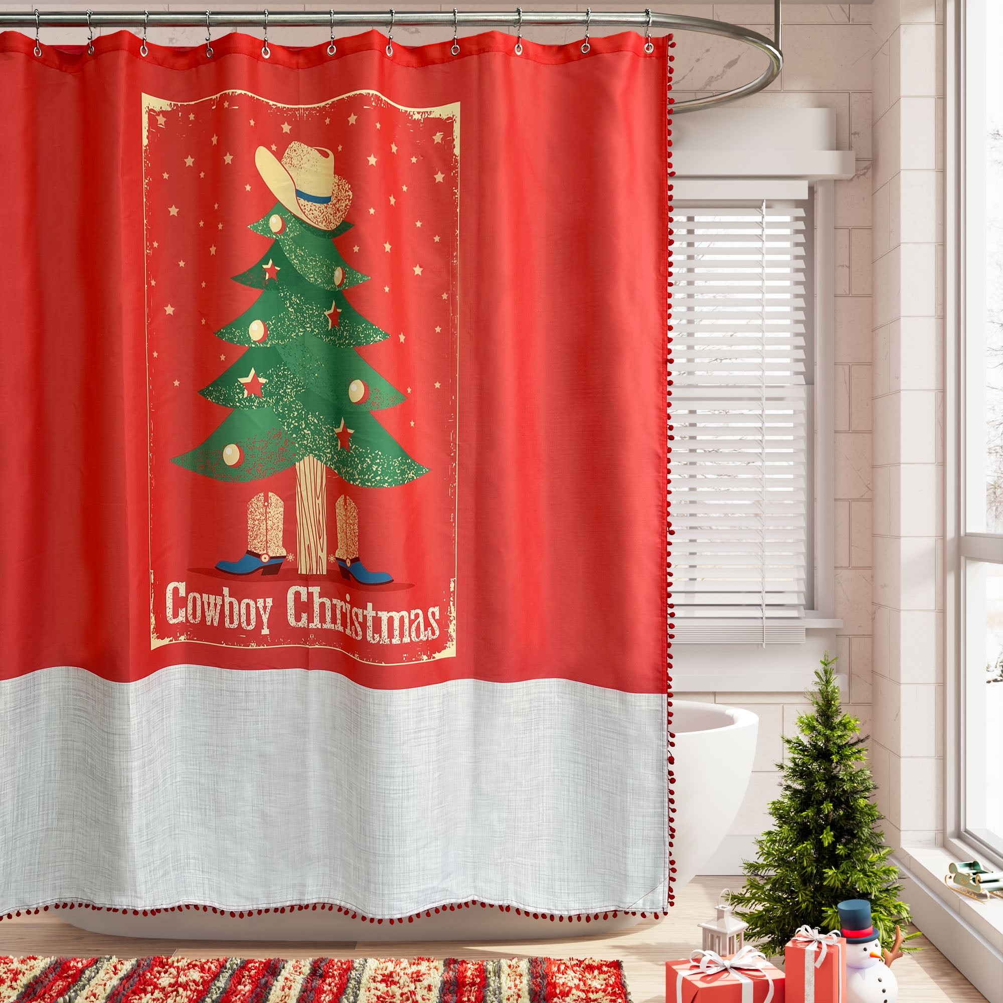 Christmas Tree Shower Curtain,Xmas Vintage Cowboy Red Shower Curtains ...