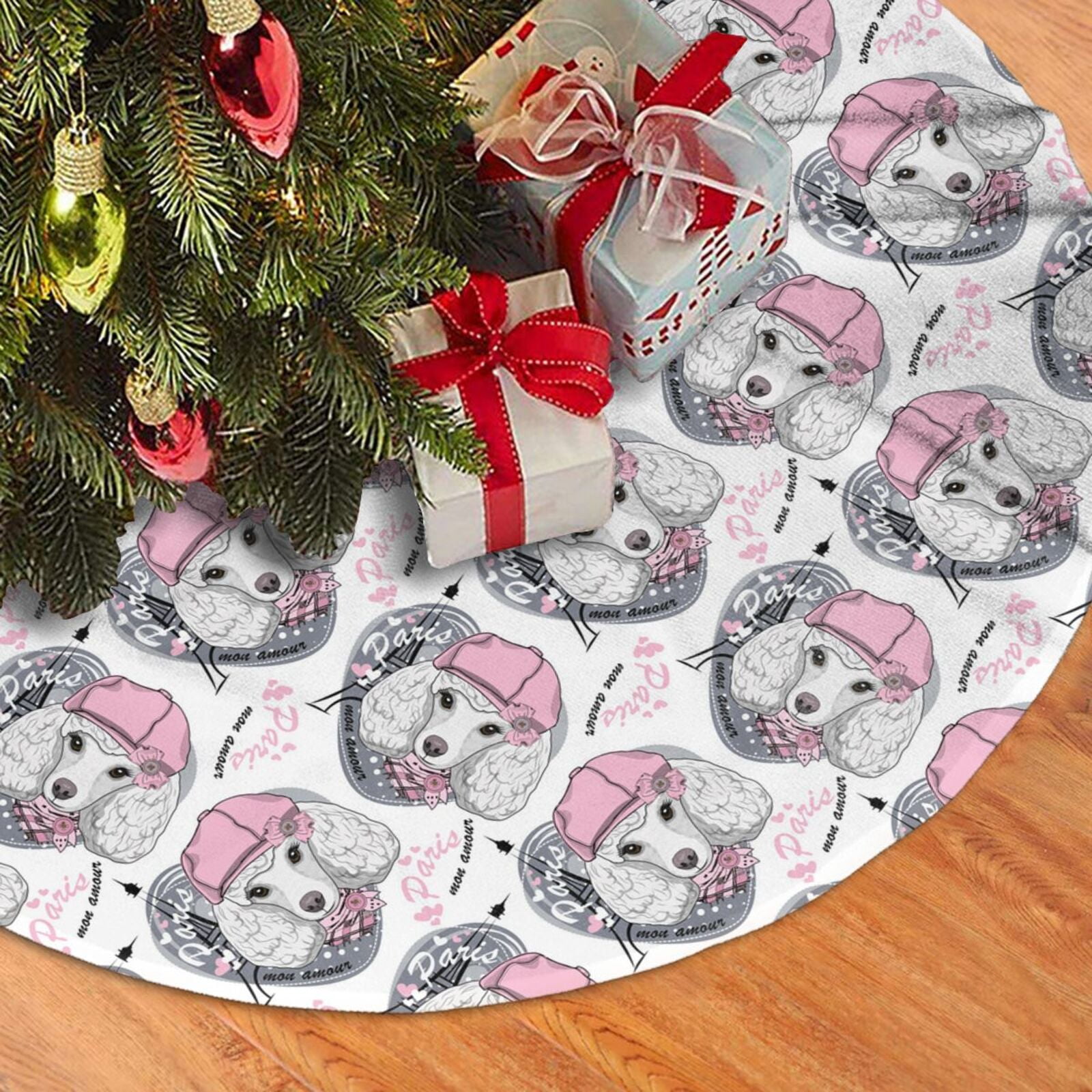 Christmas Tree Skirt, Artistic Cute Poodle Dog Pink Soft Plush ...