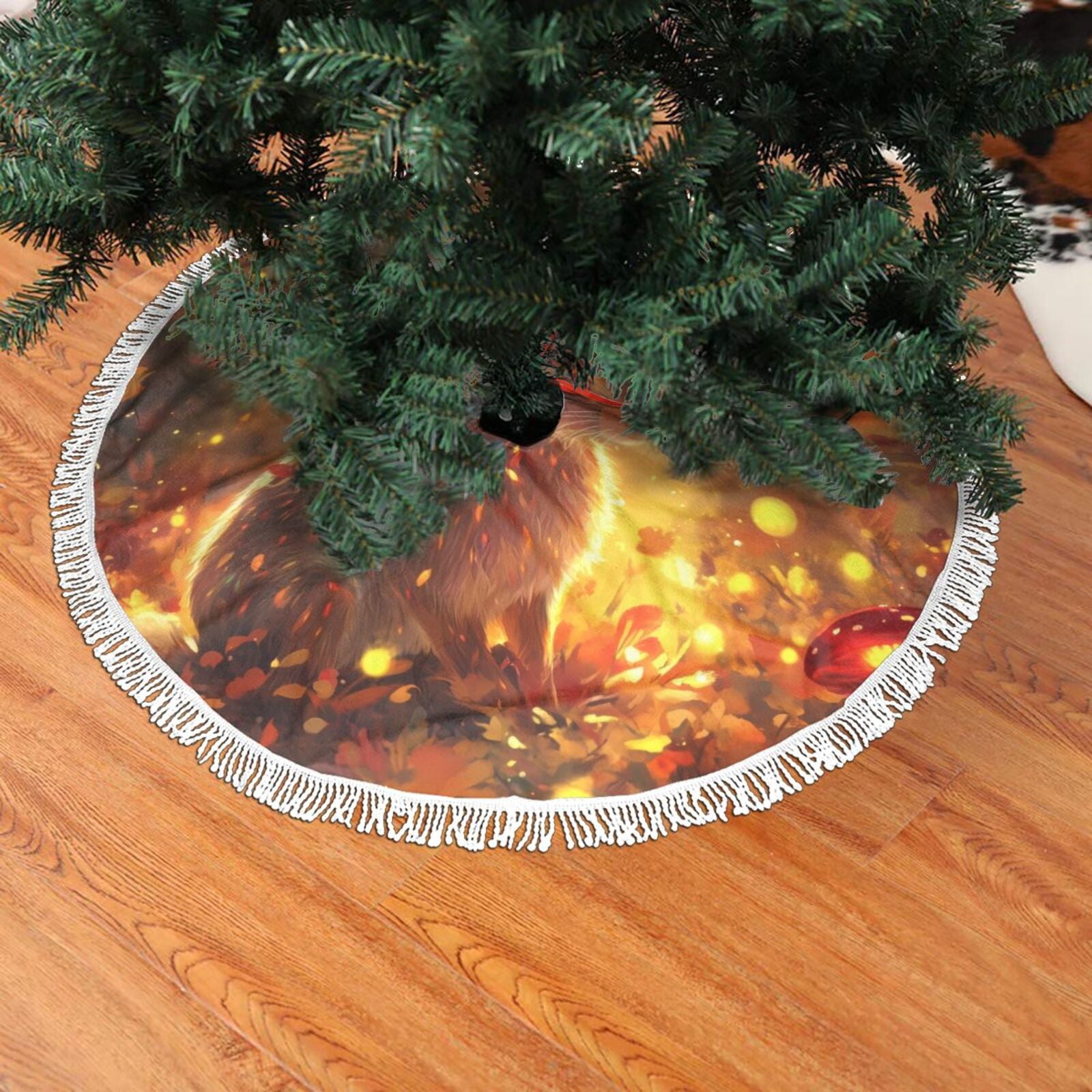 Christmas Tree Skirt, Autumn Cute Maple Leaf Rabbit Christmas Tree ...