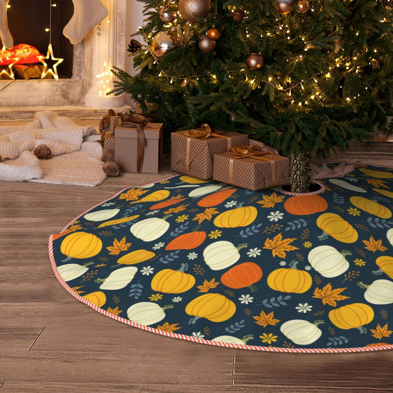 Christmas Tree Skirt - Autumn Pumpkin Maple Leaf Plants Halloween Tree ...