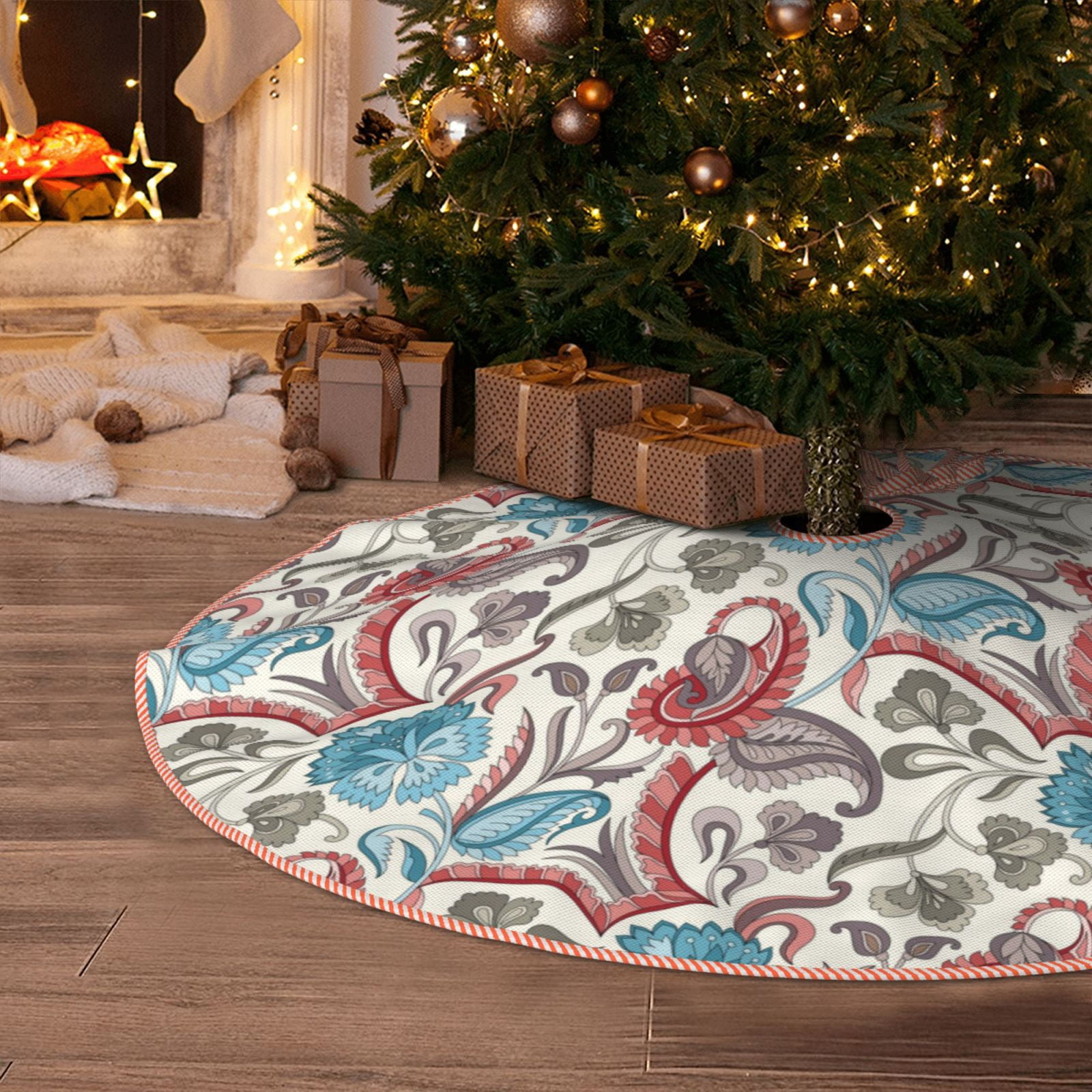 Christmas Tree Skirt - Blue Flowers Paisley Halloween Tree Skirt Winter ...
