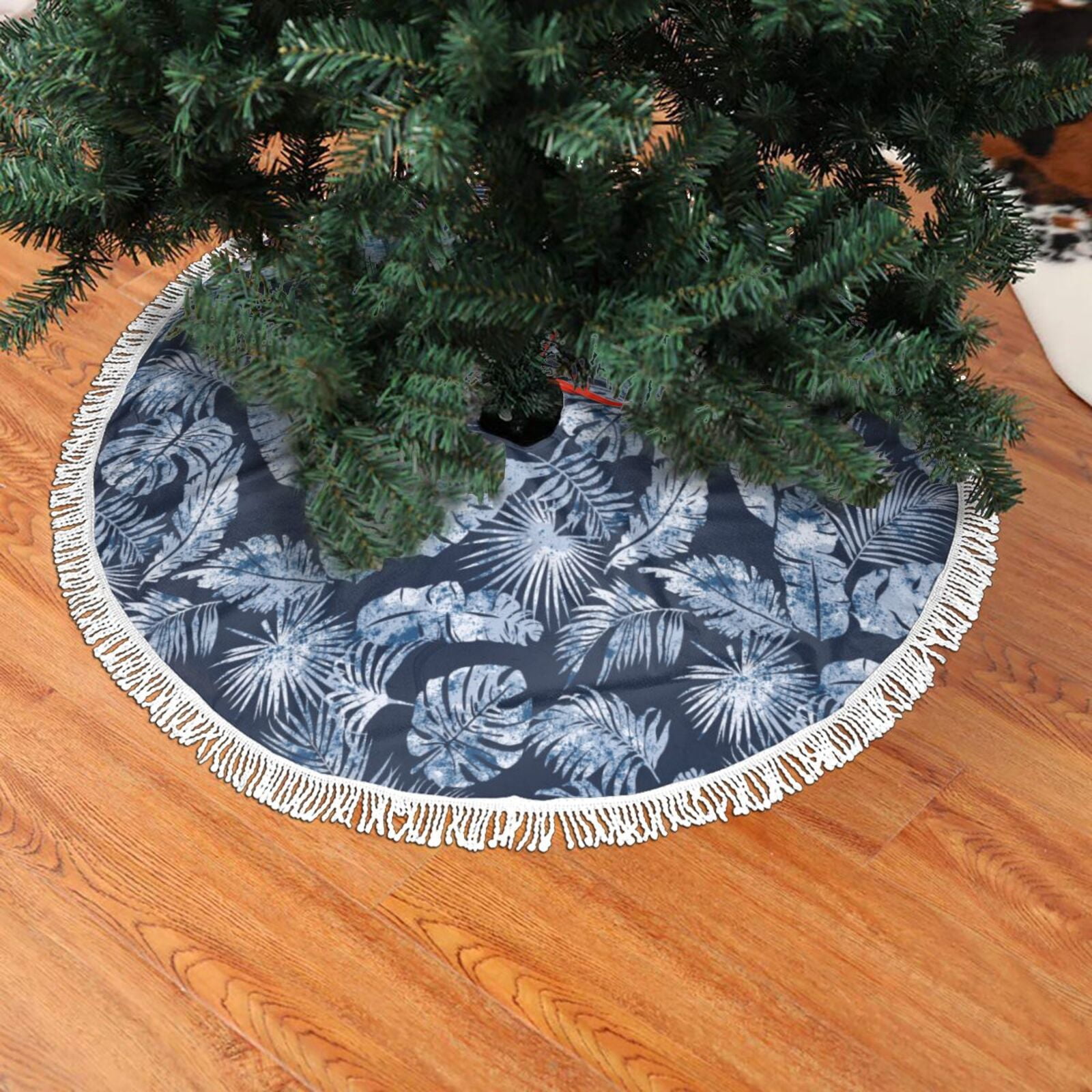 Christmas Tree Skirt, Blue Leaves Hawaiian Style Christmas Tree ...