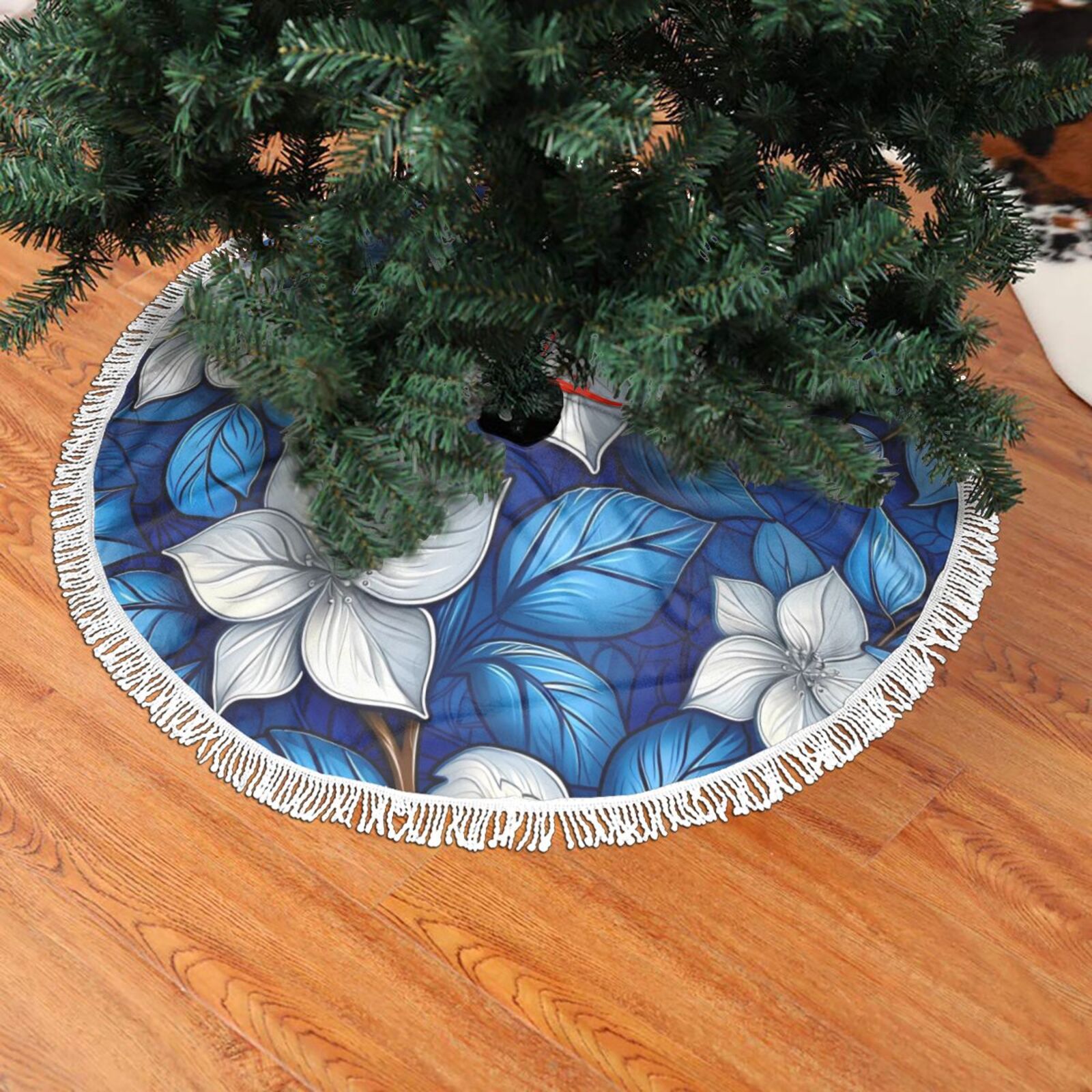 Christmas Tree Skirt, Blue White Floral Elegance Christmas Tree ...