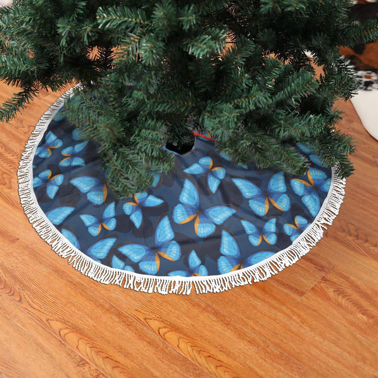 Christmas Tree Skirt, Blue butterfly Christmas Tree Decorations Indoor ...