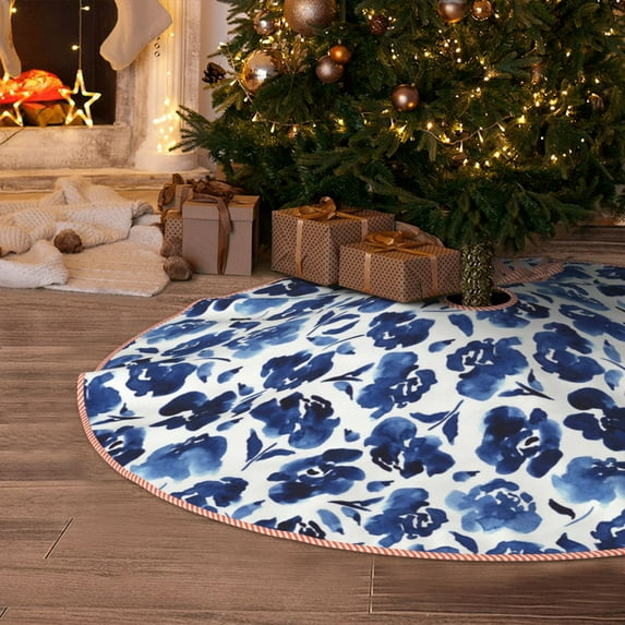 Christmas Tree Skirt - Blue ink flowers Halloween Tree Skirt Winter ...
