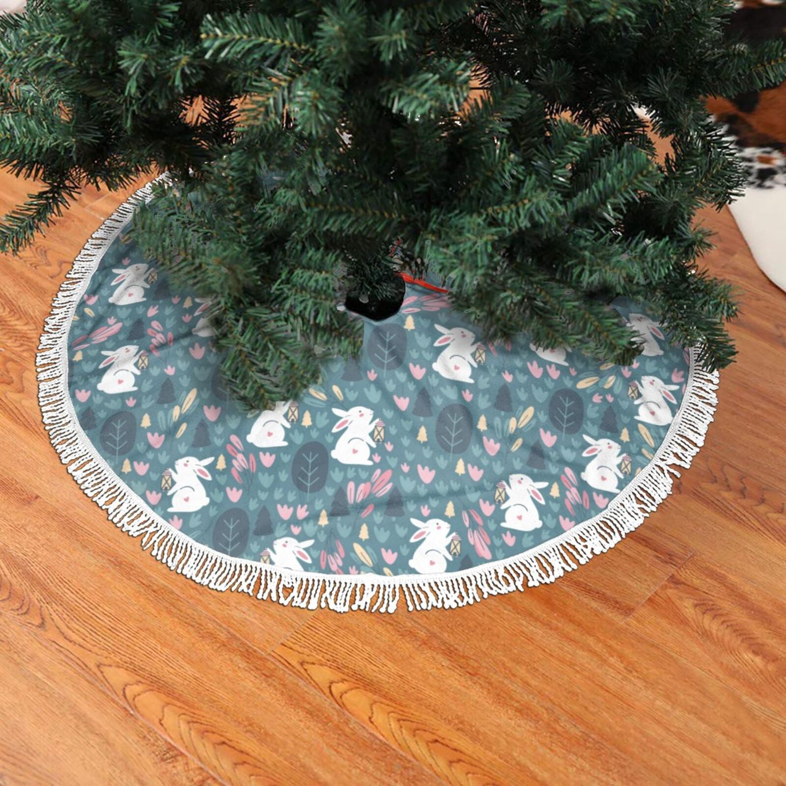 Christmas Tree Skirt, Bohemian Cute Rabbit Flower Tree Christmas Tree ...