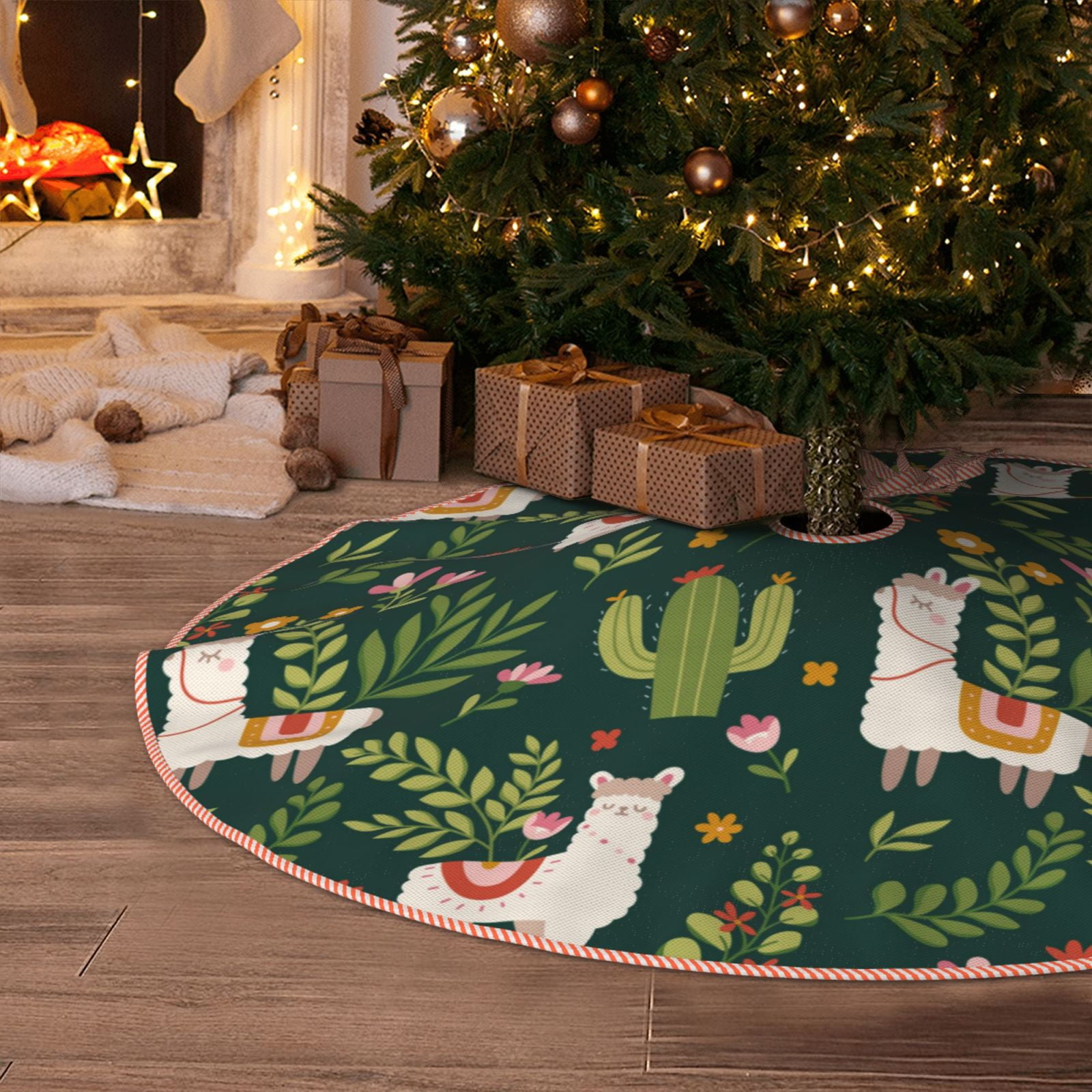 Christmas Tree Skirt Cartoon Cute Alpaca Cactus Plant Tree Skirt for ...