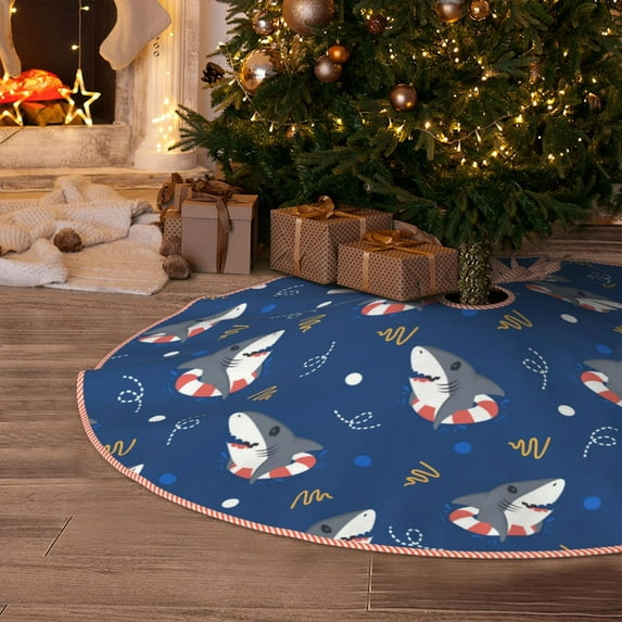 Christmas Tree Skirt - Cartoon Cute Shark Swim Ring Halloween Tree ...