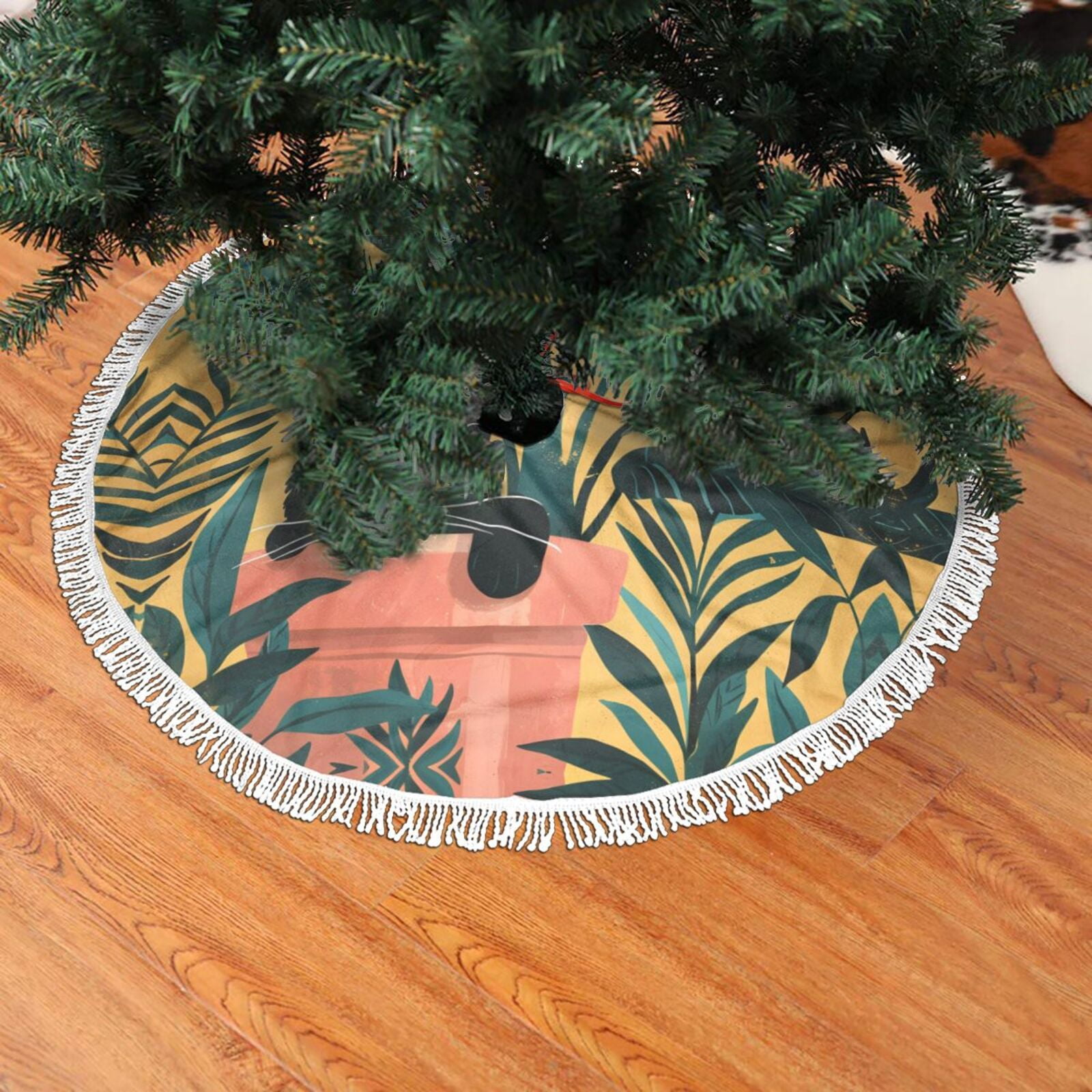 Christmas Tree Skirt, Cat Hiding In Potted Plants Christmas Tree ...