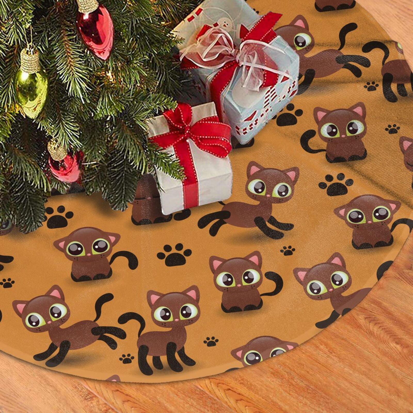 Christmas Tree Skirt, Classic Brown Cute Cat Soft Plush Christmas Tree ...