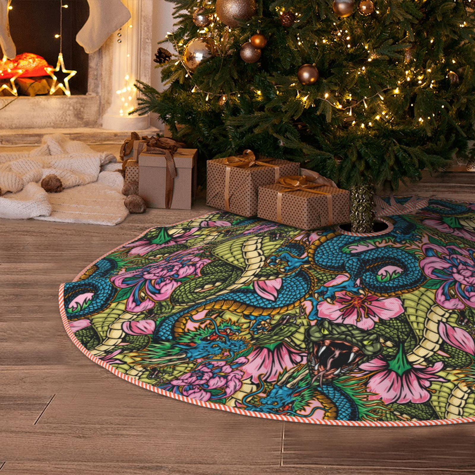 Christmas Tree Skirt - Colorful Cobra Dragon Flower Halloween Tree ...