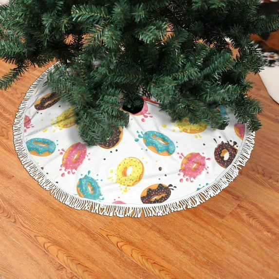 Christmas Tree Skirt, Colourful Donut Print White Christmas Tree ...