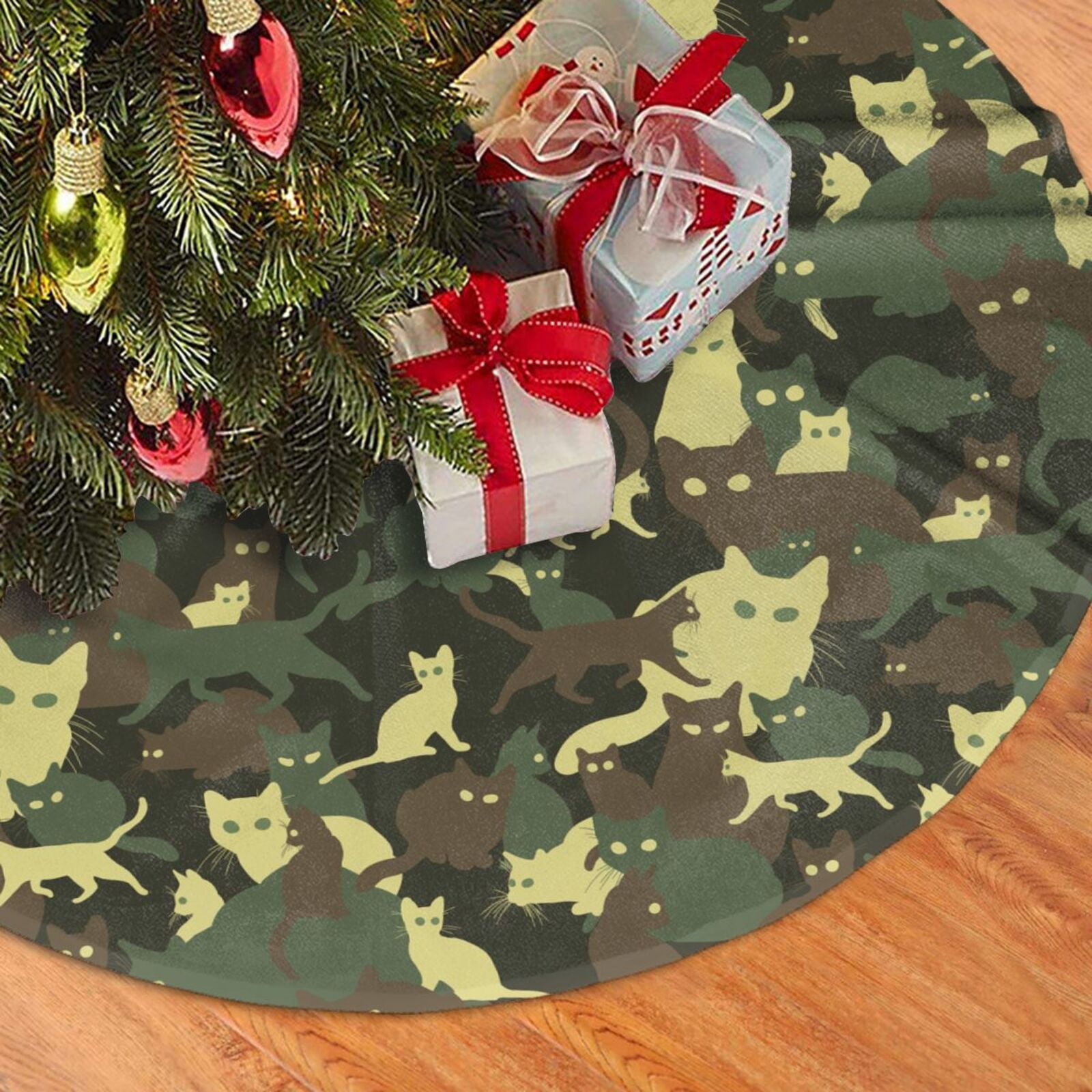 Christmas Tree Skirt, Cool Cat Green Camouflage Soft Plush Christmas ...
