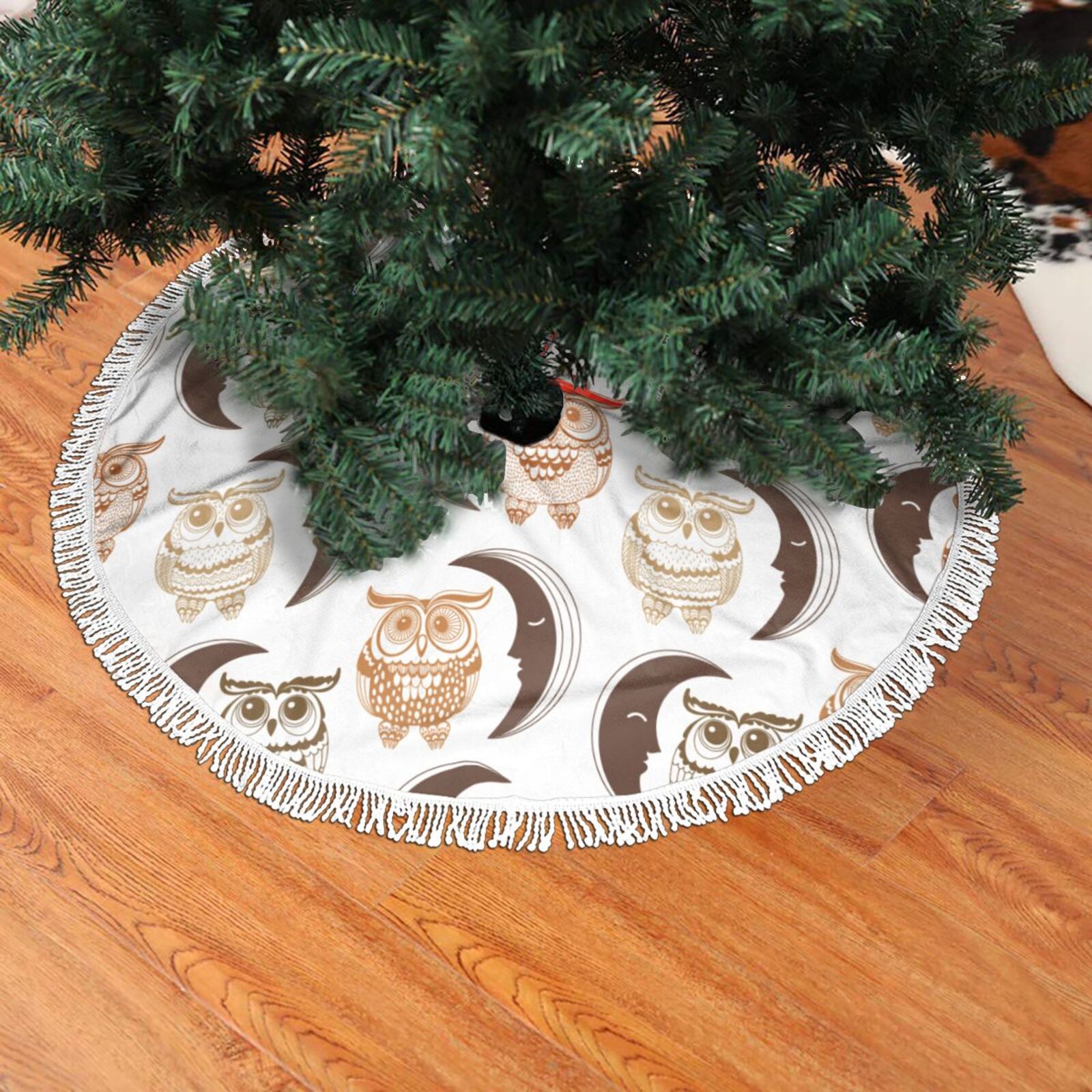 Christmas Tree Skirt, Crescent Moon and Owl Christmas Tree Decorations ...
