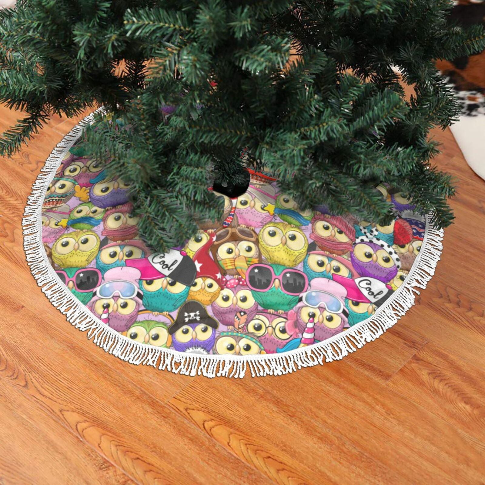 Christmas Tree Skirt, Cute Cartoon Owls Christmas Tree Decorations ...