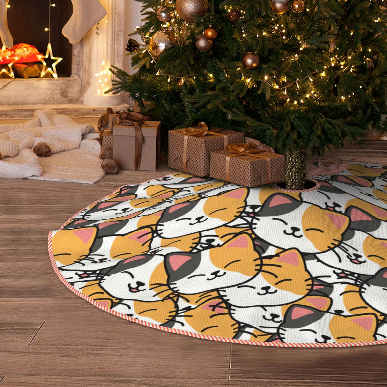 Christmas Tree Skirt Cute Cartoon Smiling Cat Face Tree Skirt for Merry ...