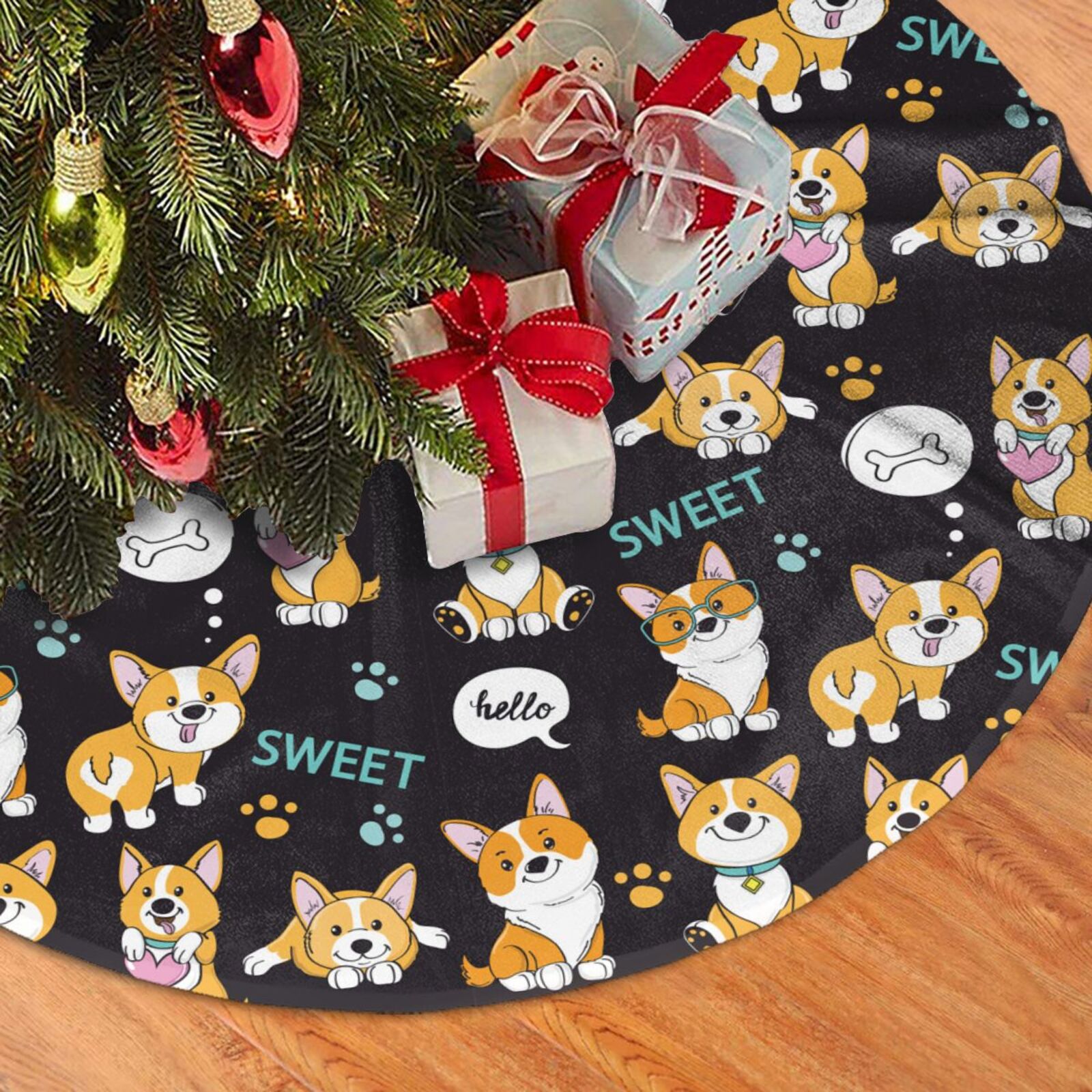 Christmas Tree Skirt, Cute Dogs Corgi Soft Plush Christmas Tree ...