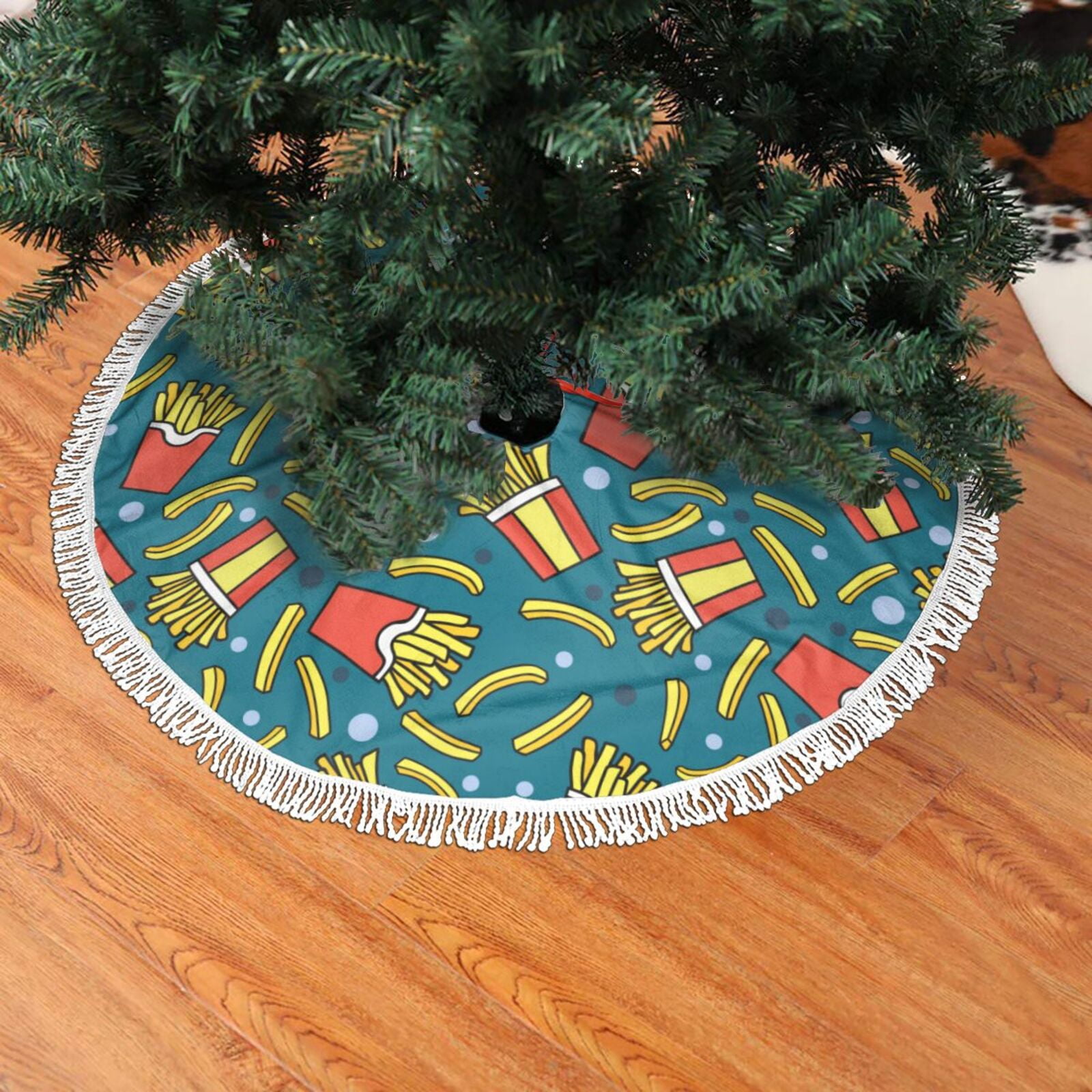 Christmas Tree Skirt, Cute Fries Blue Christmas Tree Decorations Indoor ...