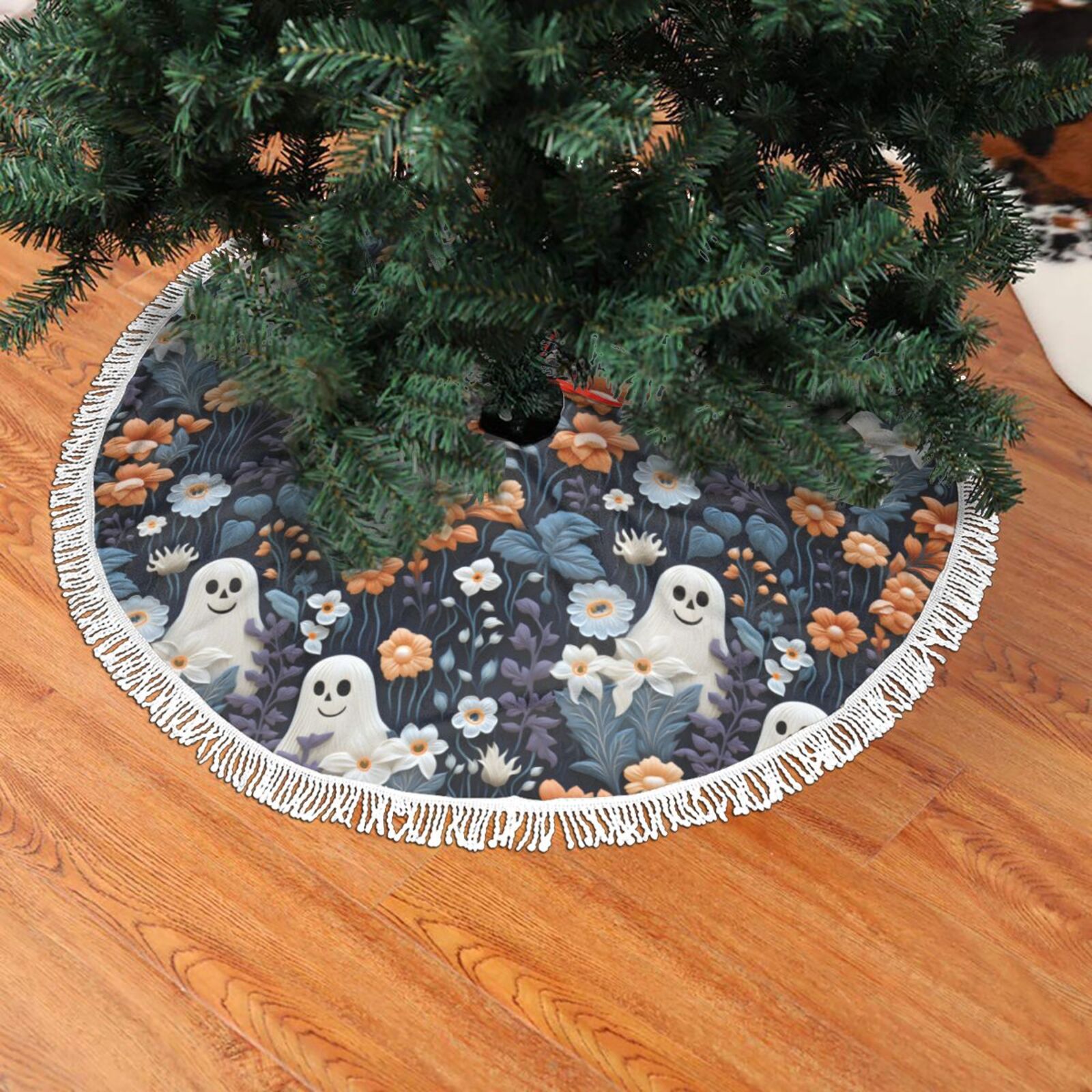 Christmas Tree Skirt, Cute ghost in the flowers Christmas Tree ...