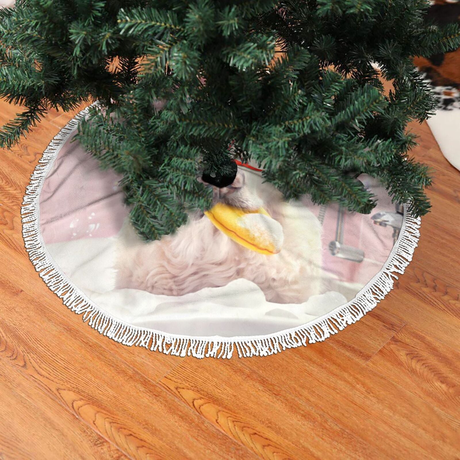 Christmas Tree Skirt, Dog Sitting In Bathtub With Duck On Head ...