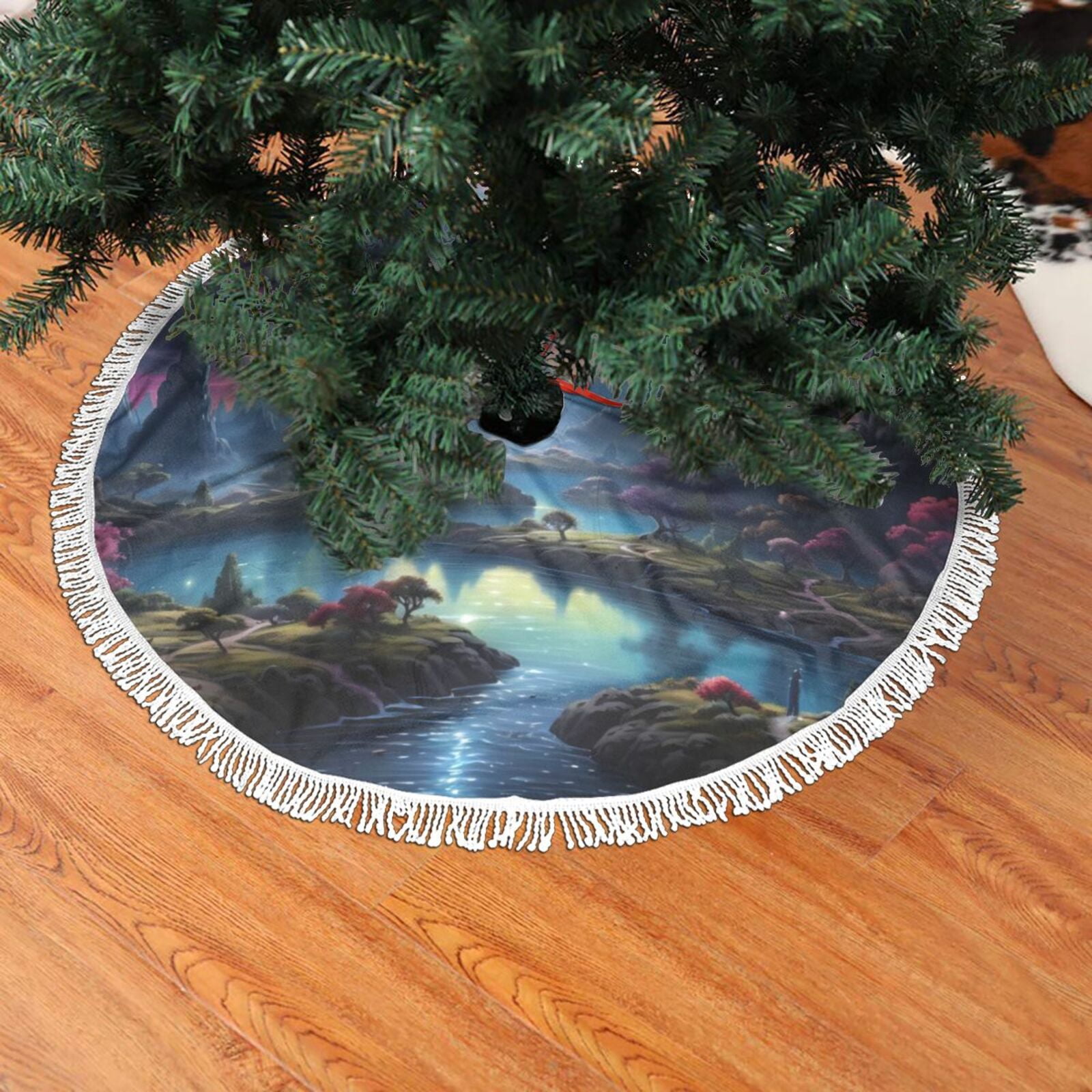 Christmas Tree Skirt, Fantasy Landscape Starry Night Christmas Tree ...