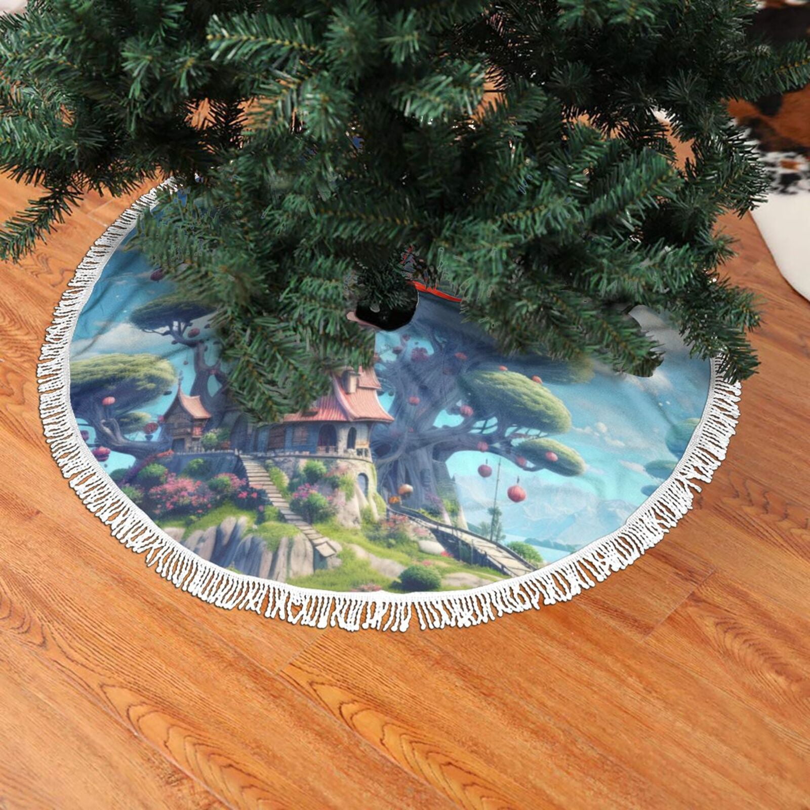 Christmas Tree Skirt, Fantasy Treehouse Planet Scene Christmas Tree ...