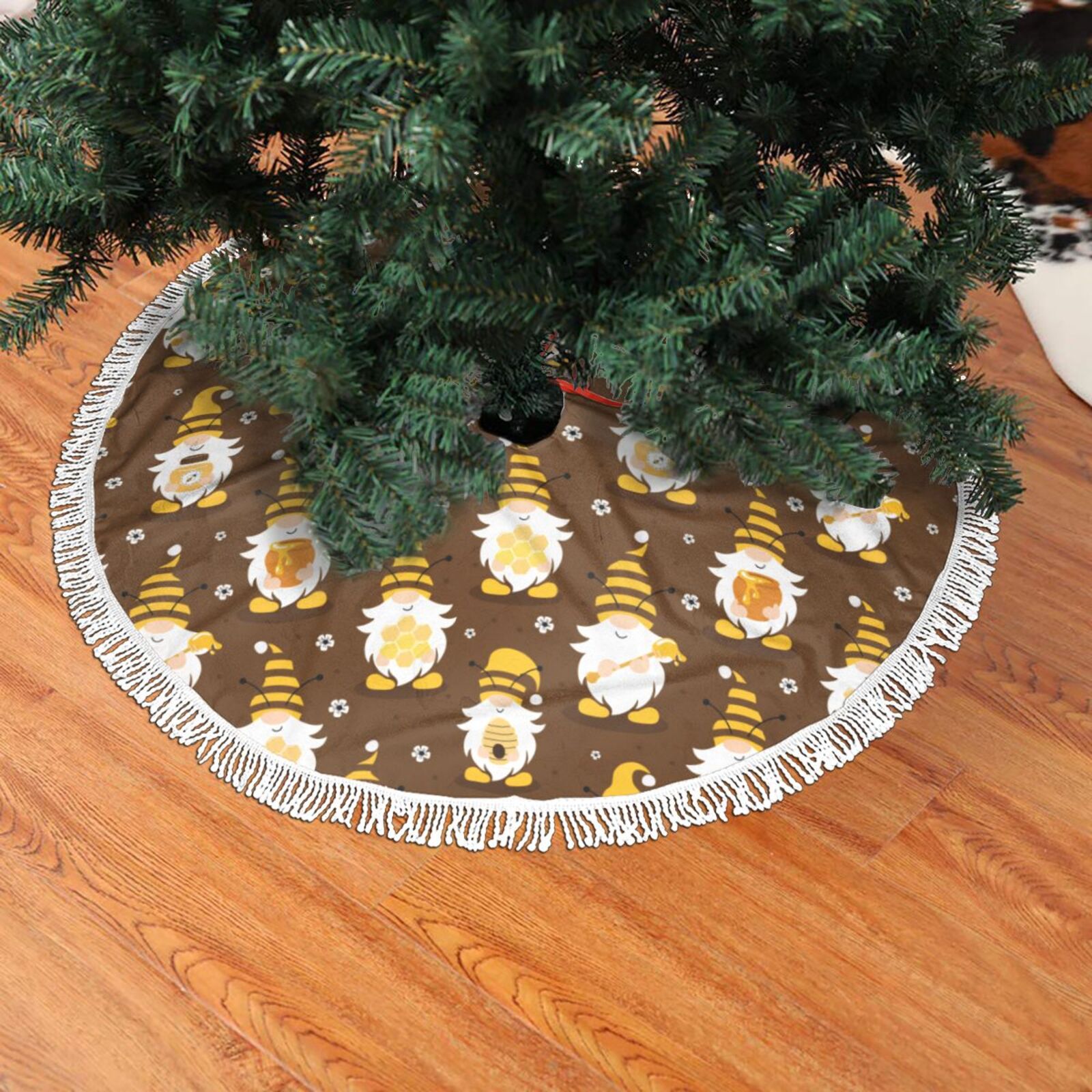 Christmas Tree Skirt, Flowers And Gnomes Bees Christmas Tree ...