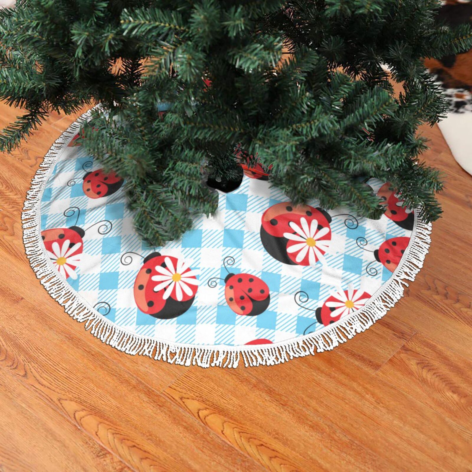 Christmas Tree Skirt, Flowers and Lady Bugs Christmas Tree Decorations ...