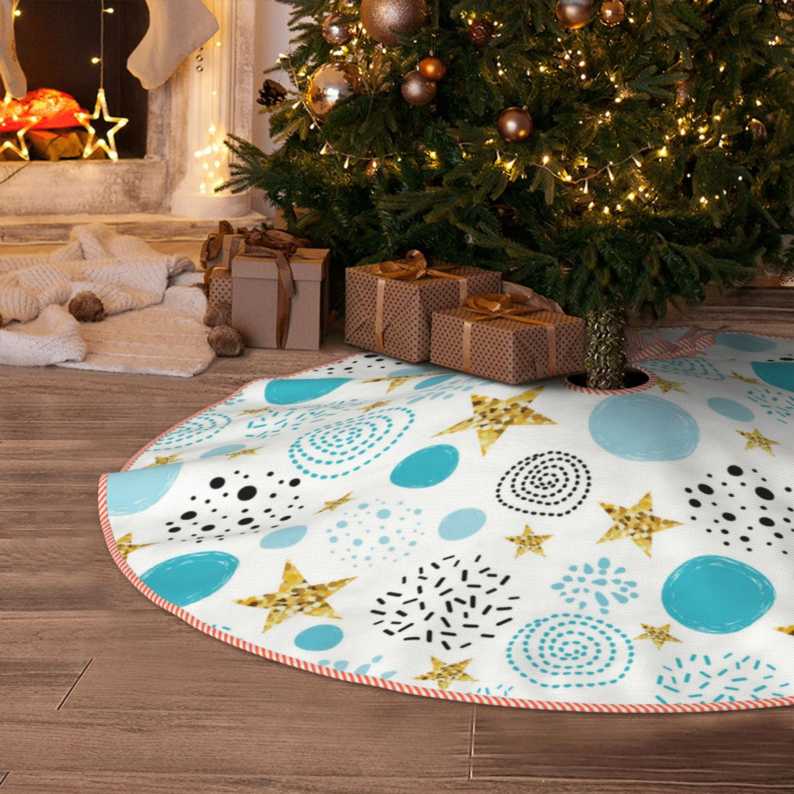Christmas Tree Skirt - Gold Stars Blue Dots Pattern Halloween Tree ...
