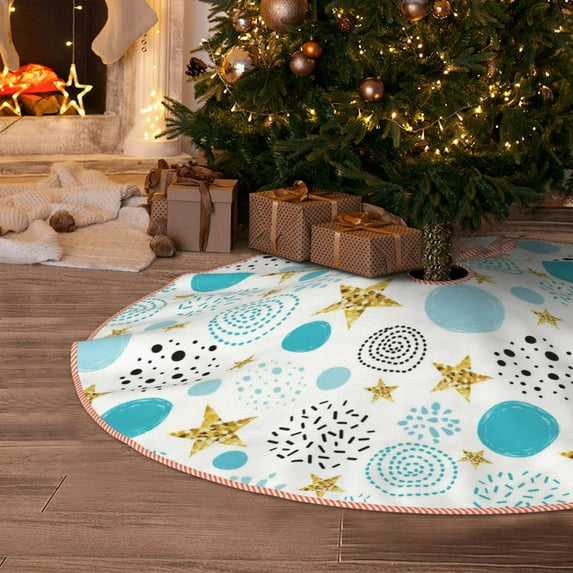 Christmas Tree Skirt - Gold Stars Blue Dots Pattern Halloween Tree ...
