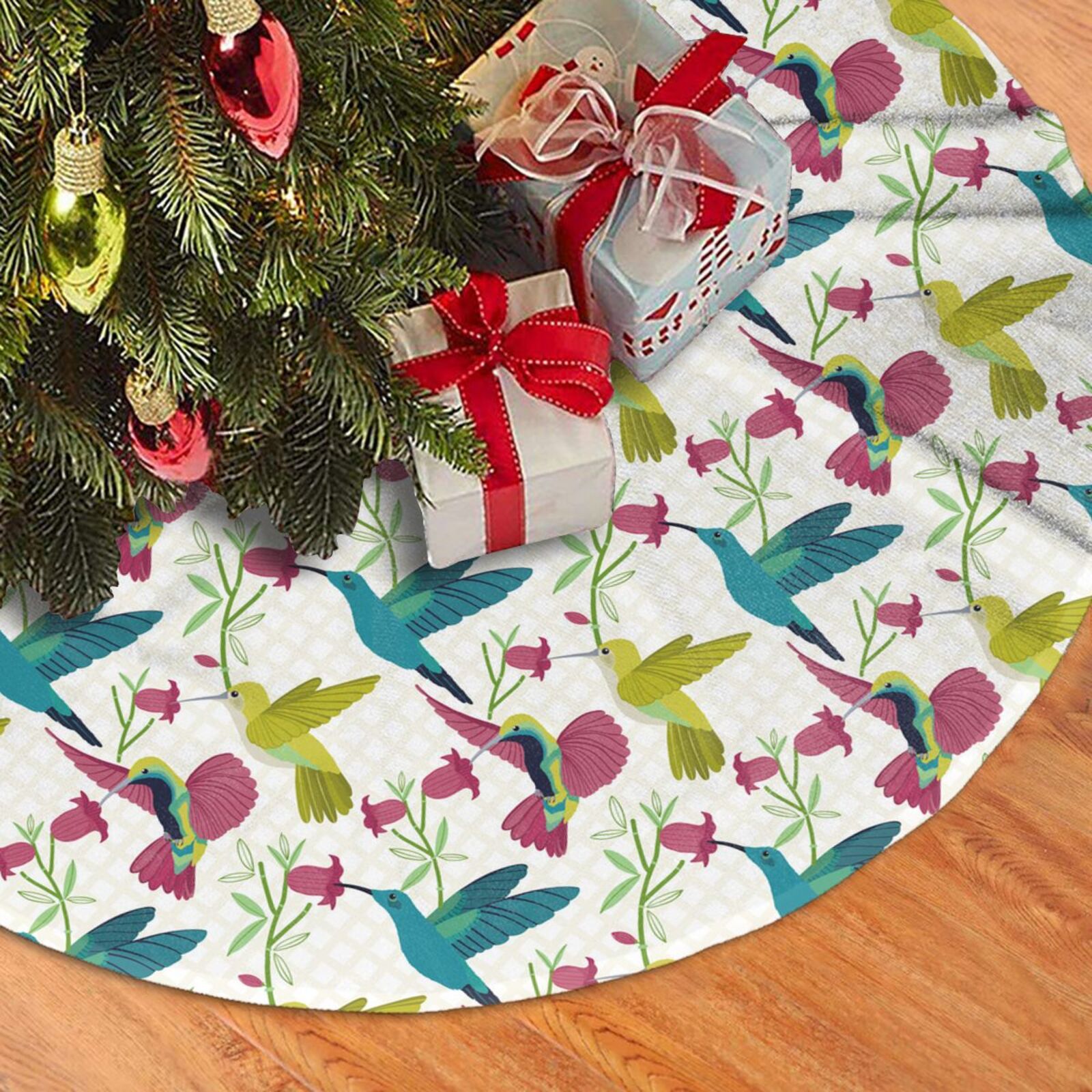 Christmas Tree Skirt, Green Blue Purple Hummingbird Soft Plush ...