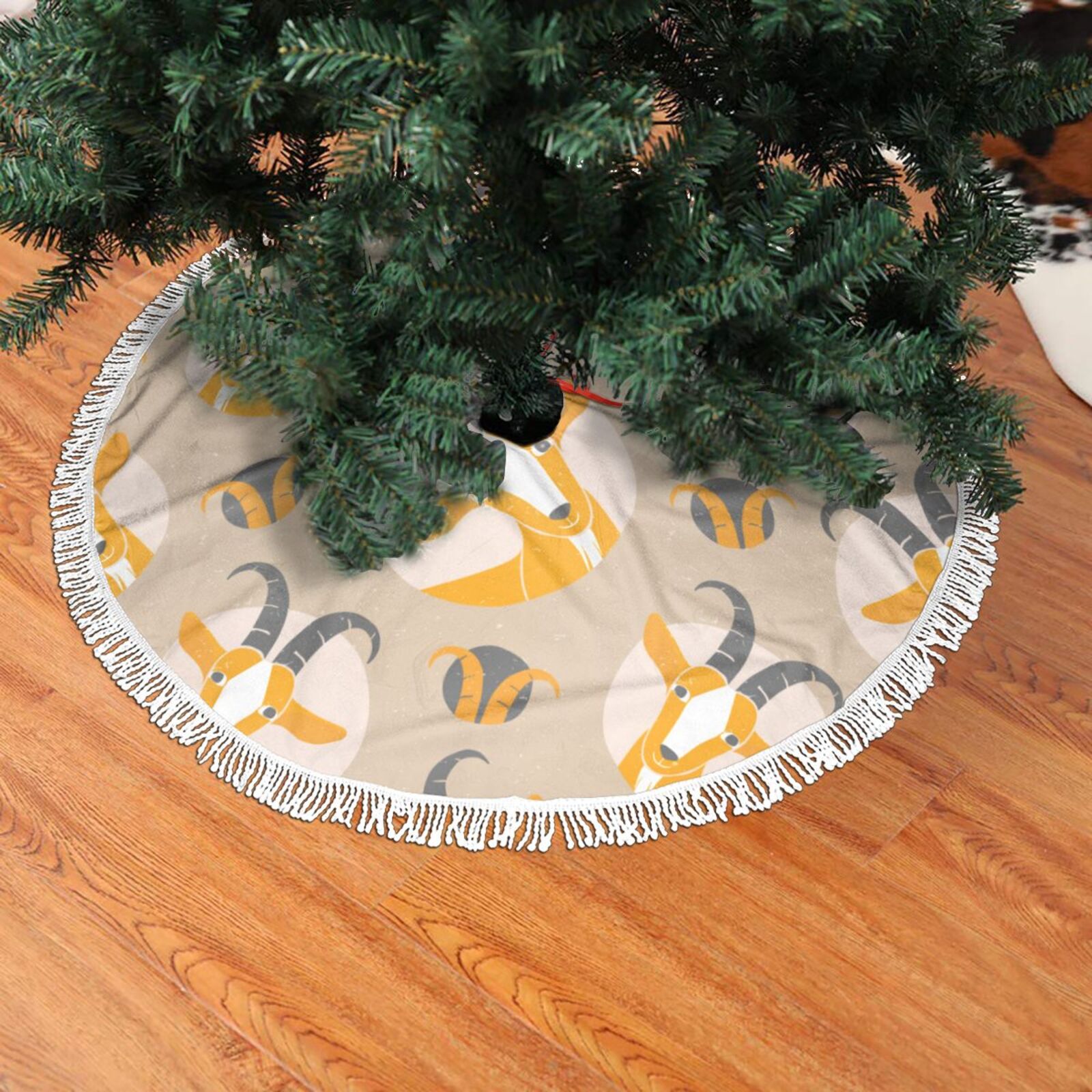 Christmas Tree Skirt, Hand Drawn Yellow Cute Goat Christmas Tree ...