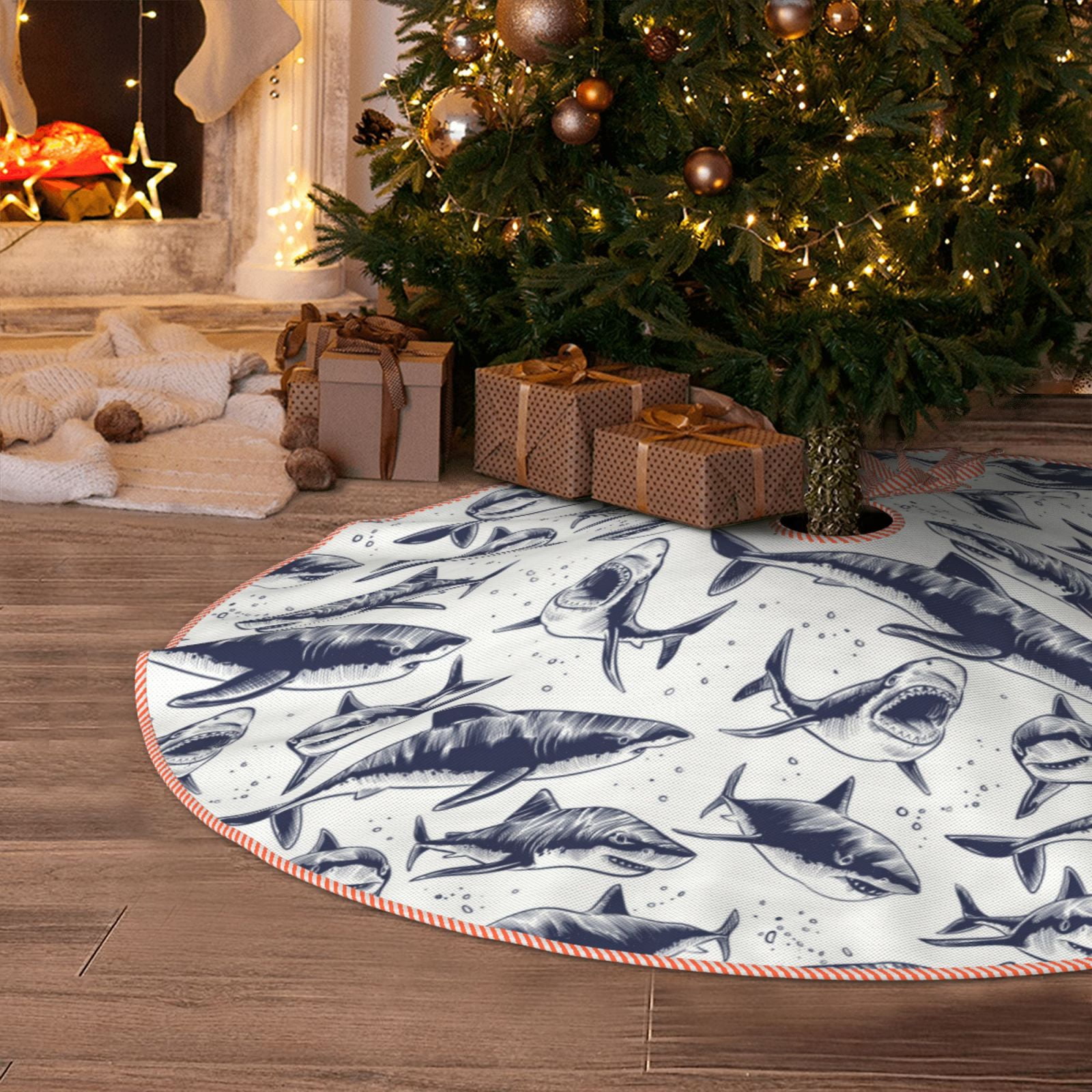 Christmas Tree Skirt - Hand drawn shark Halloween Tree Skirt Winter ...