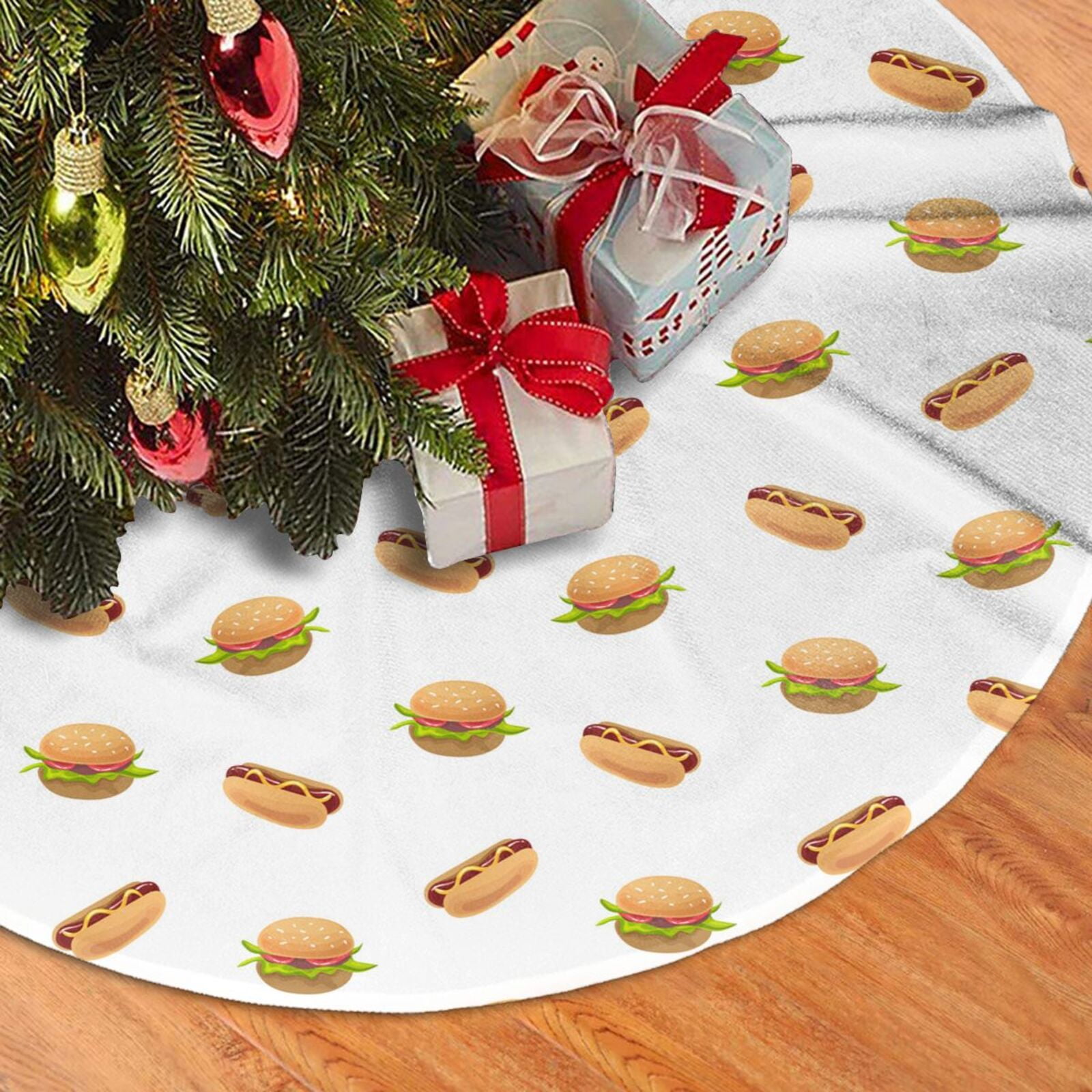 Christmas Tree Skirt, Hot Dog Hamburger Print Soft Plush Christmas Tree ...