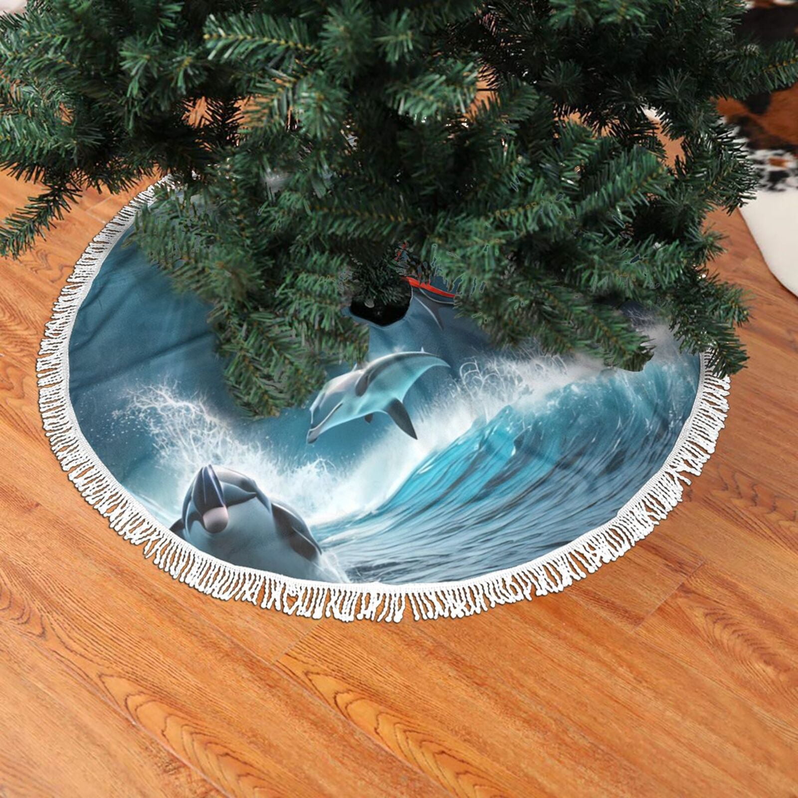 Christmas Tree Skirt, Ice Blue Ocean Cute Dolphin A Christmas Tree ...