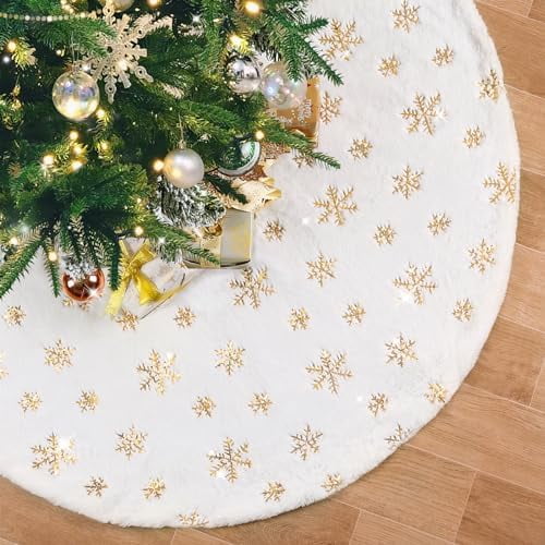 Christmas Tree Skirt Large 48 Inch White Xmas Faux Fur Tree Skirt Gold ...