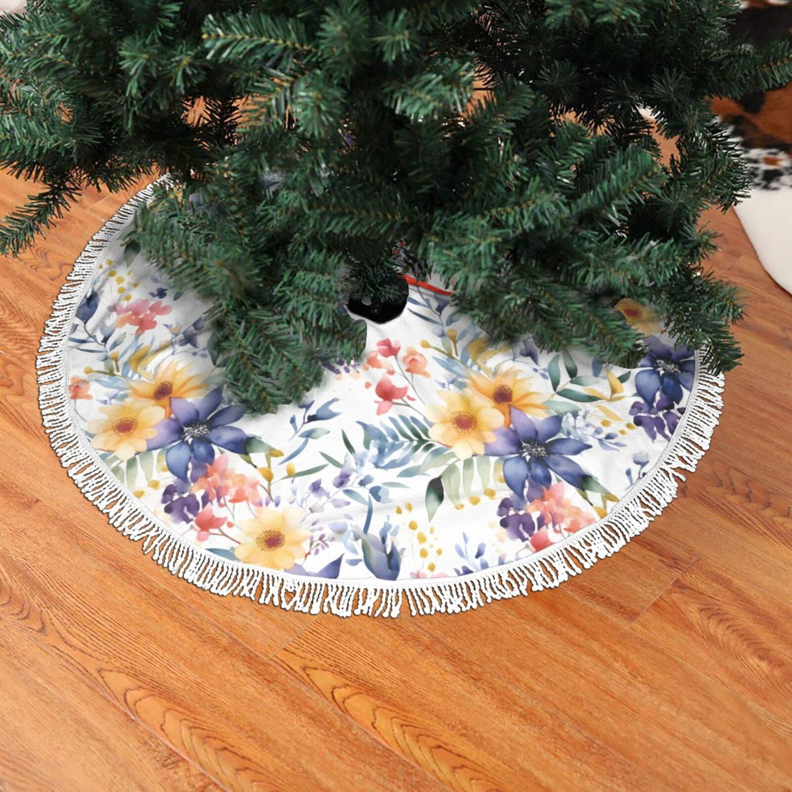 Christmas Tree Skirt, Lilies Flowers Purple Yellow Christmas Tree ...