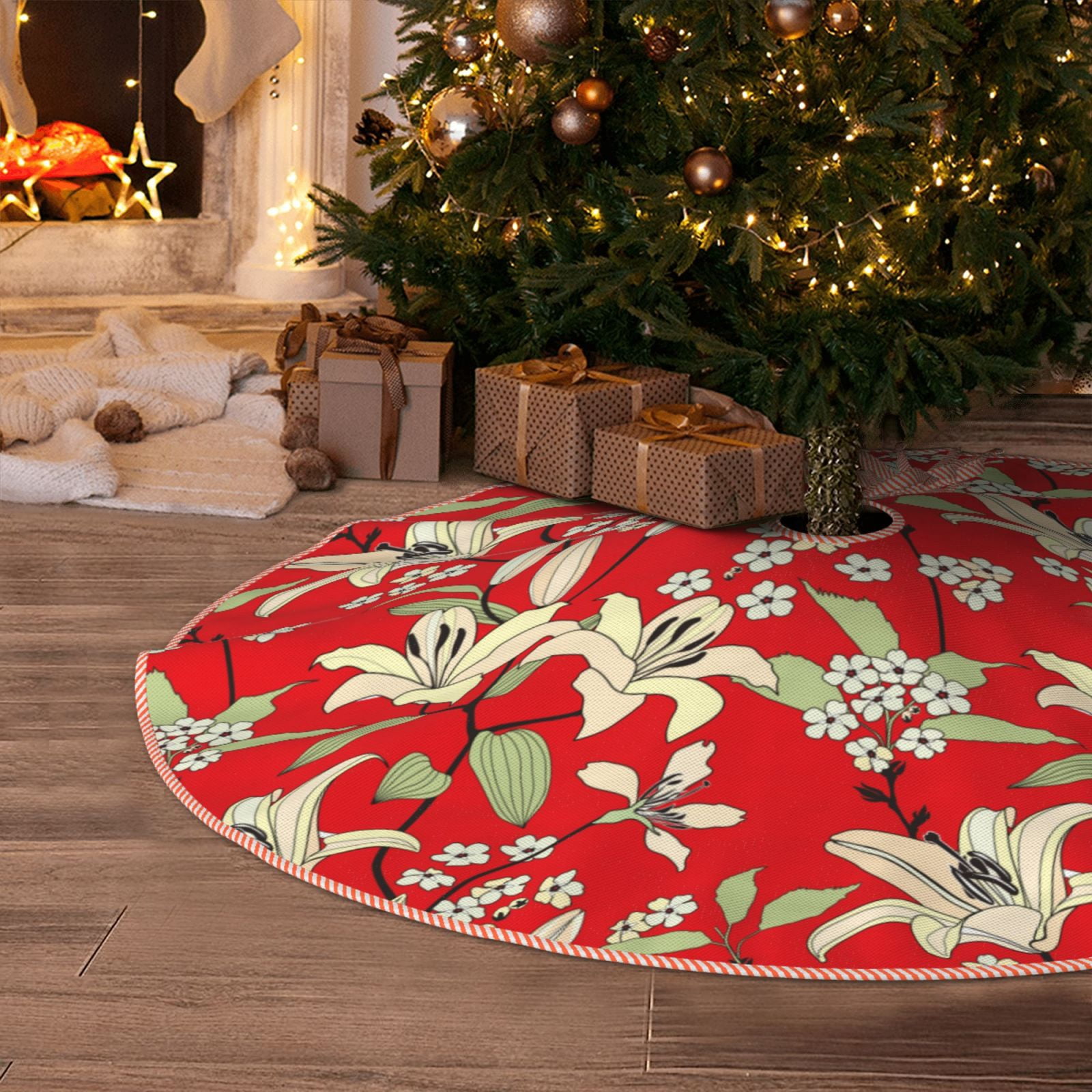 Christmas Tree Skirt - Lilies Flowers Red Halloween Tree Skirt Winter ...