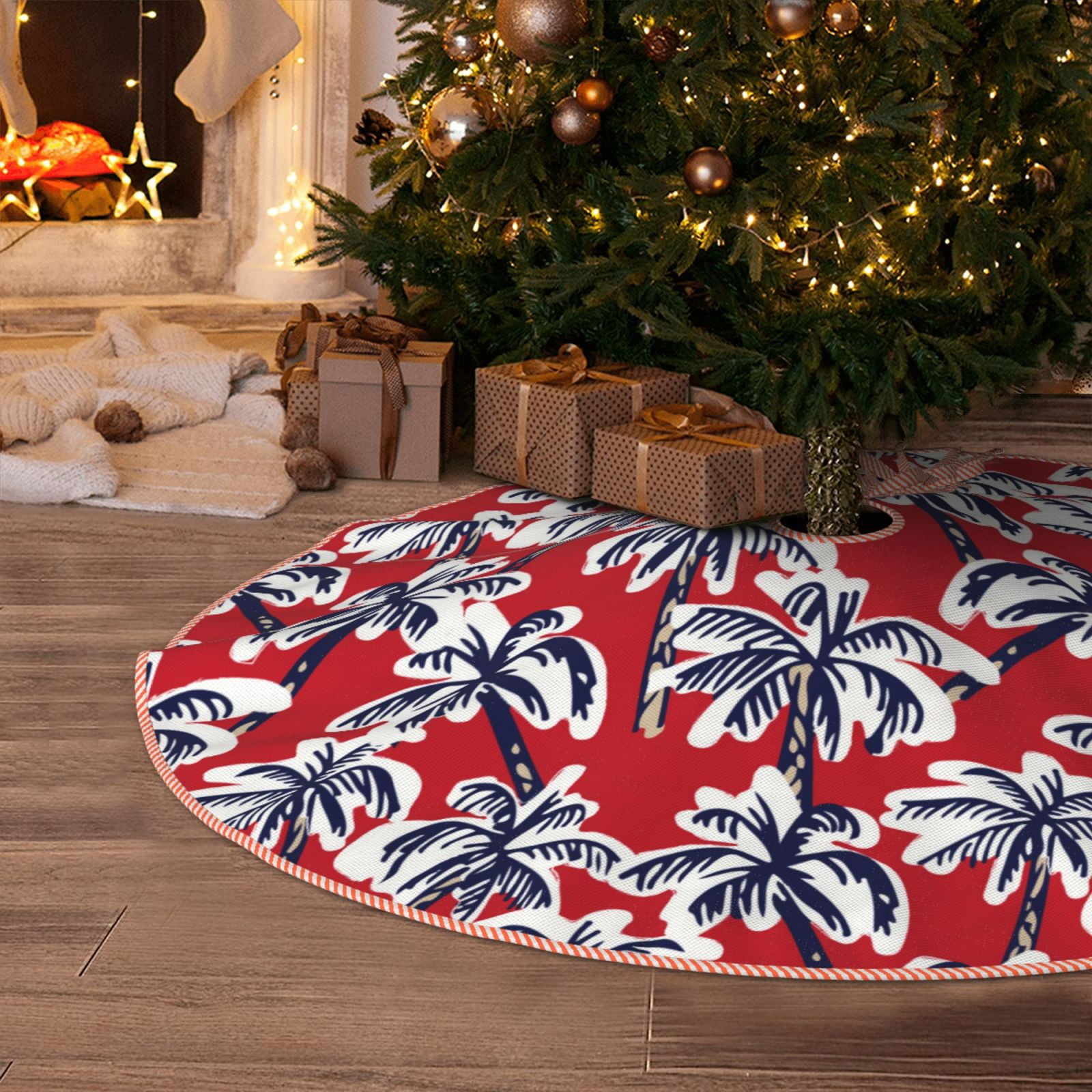 Christmas Tree Skirt - Palm Tree Pattern on Red Halloween Tree Skirt ...