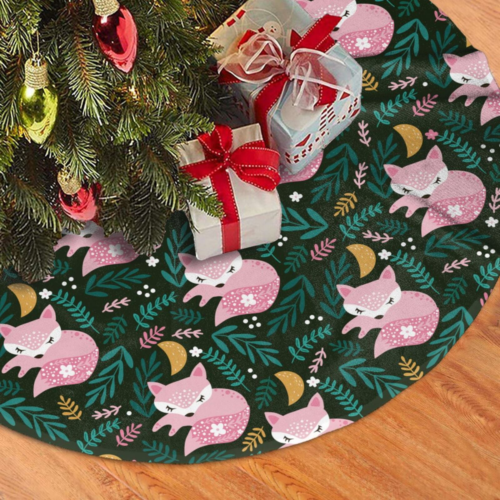 Christmas Tree Skirt, Pink Sleeping Fox Soft Plush Christmas Tree ...