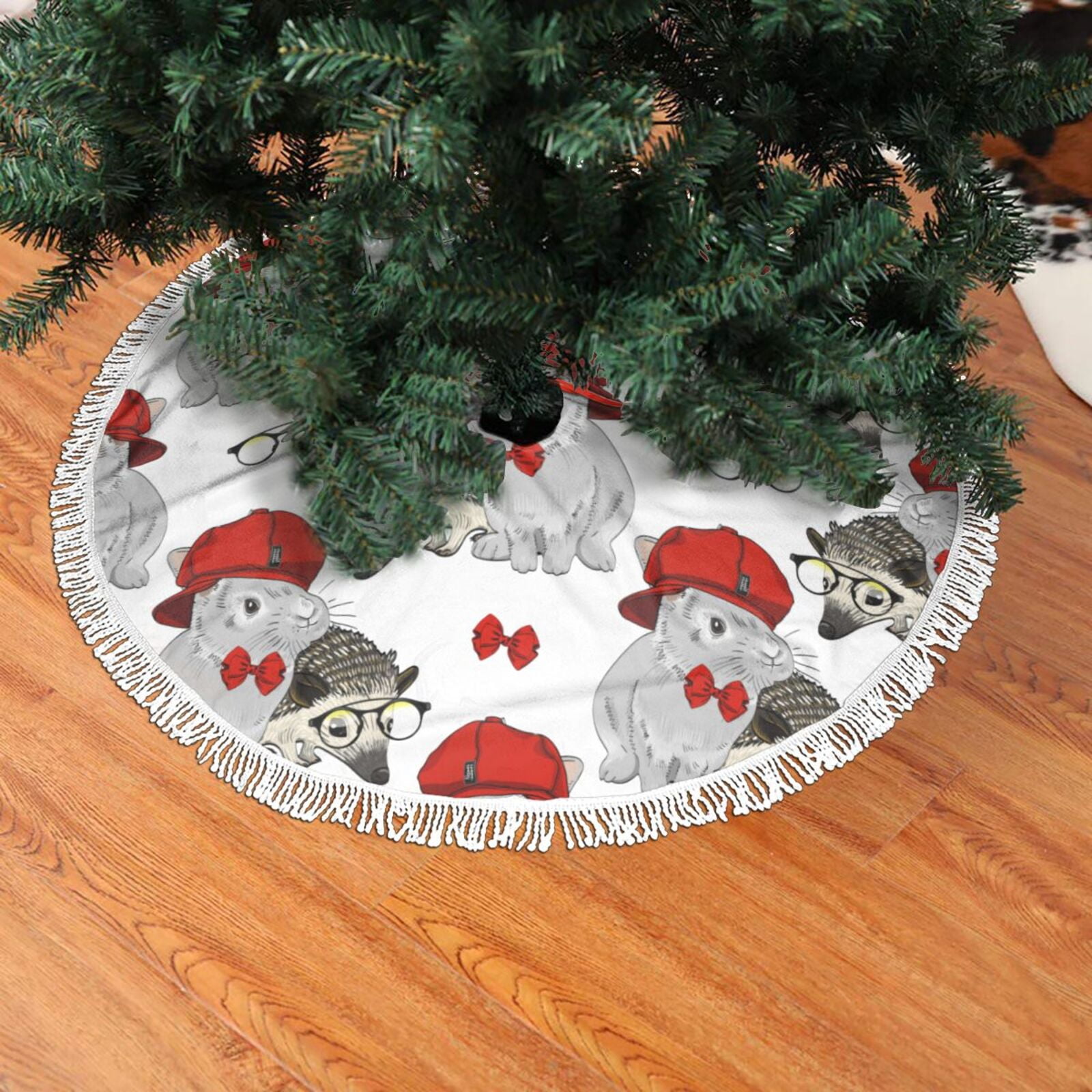 Christmas Tree Skirt, Red Hat Cute Rabbit Glasses Hedgehog Christmas ...