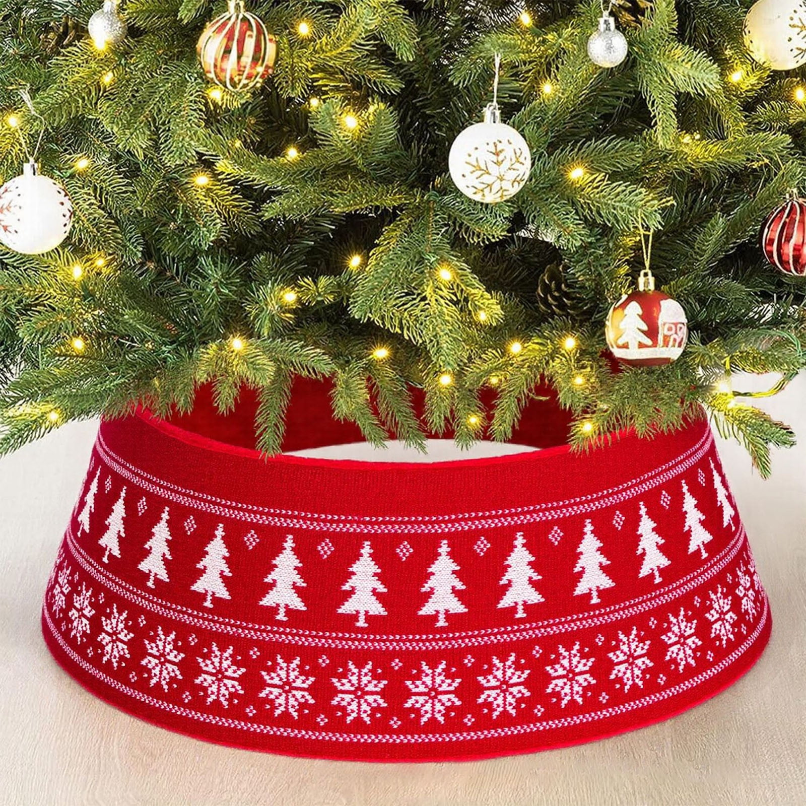 Christmas Tree Skirt Red Knitted Tree Collar with White Snowflake ...