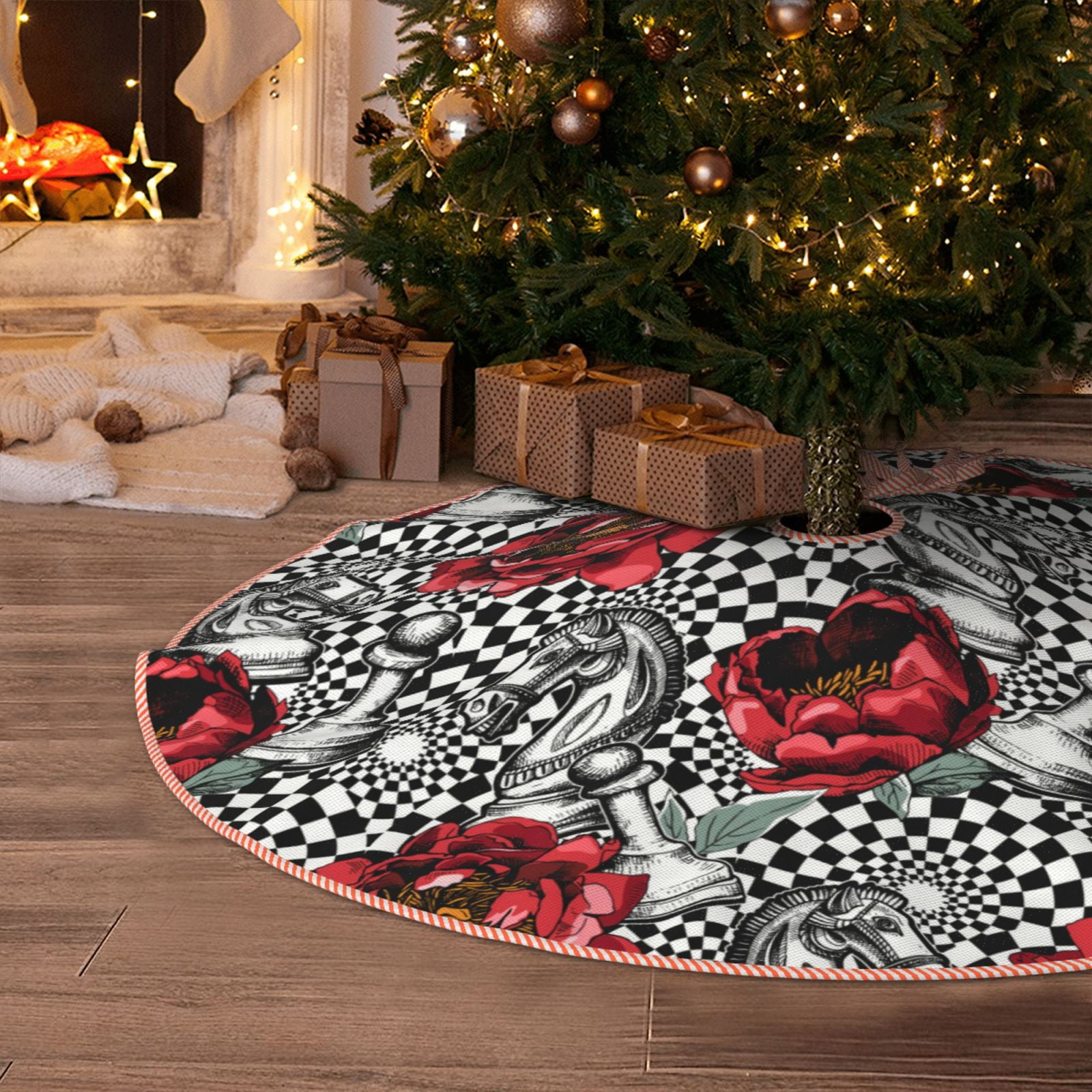 Christmas Tree Skirt - Red Peony Knight Chess checkered Halloween Tree ...