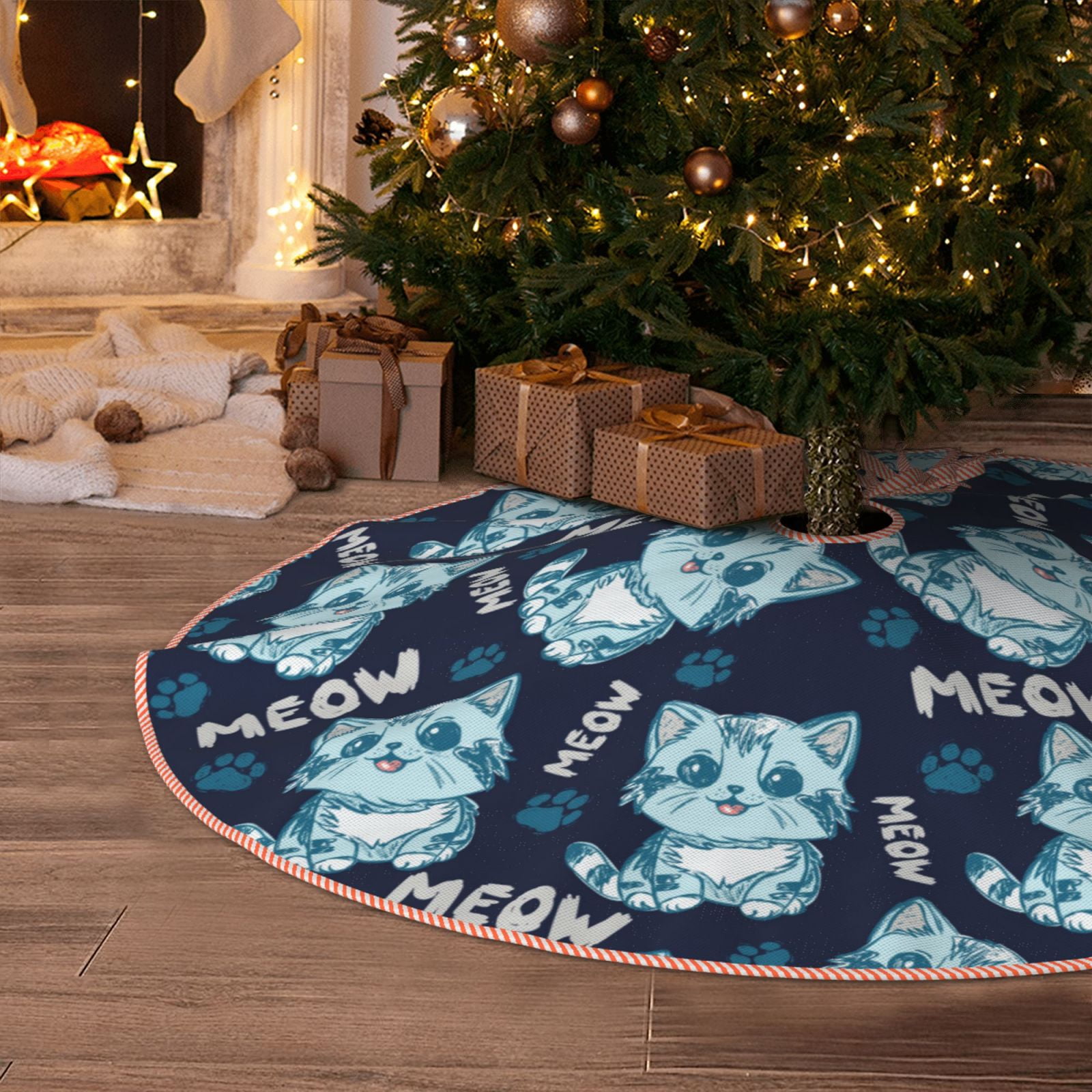 Christmas Tree Skirt - Sketch Cartoon Cat Paw Blue Halloween Tree Skirt ...