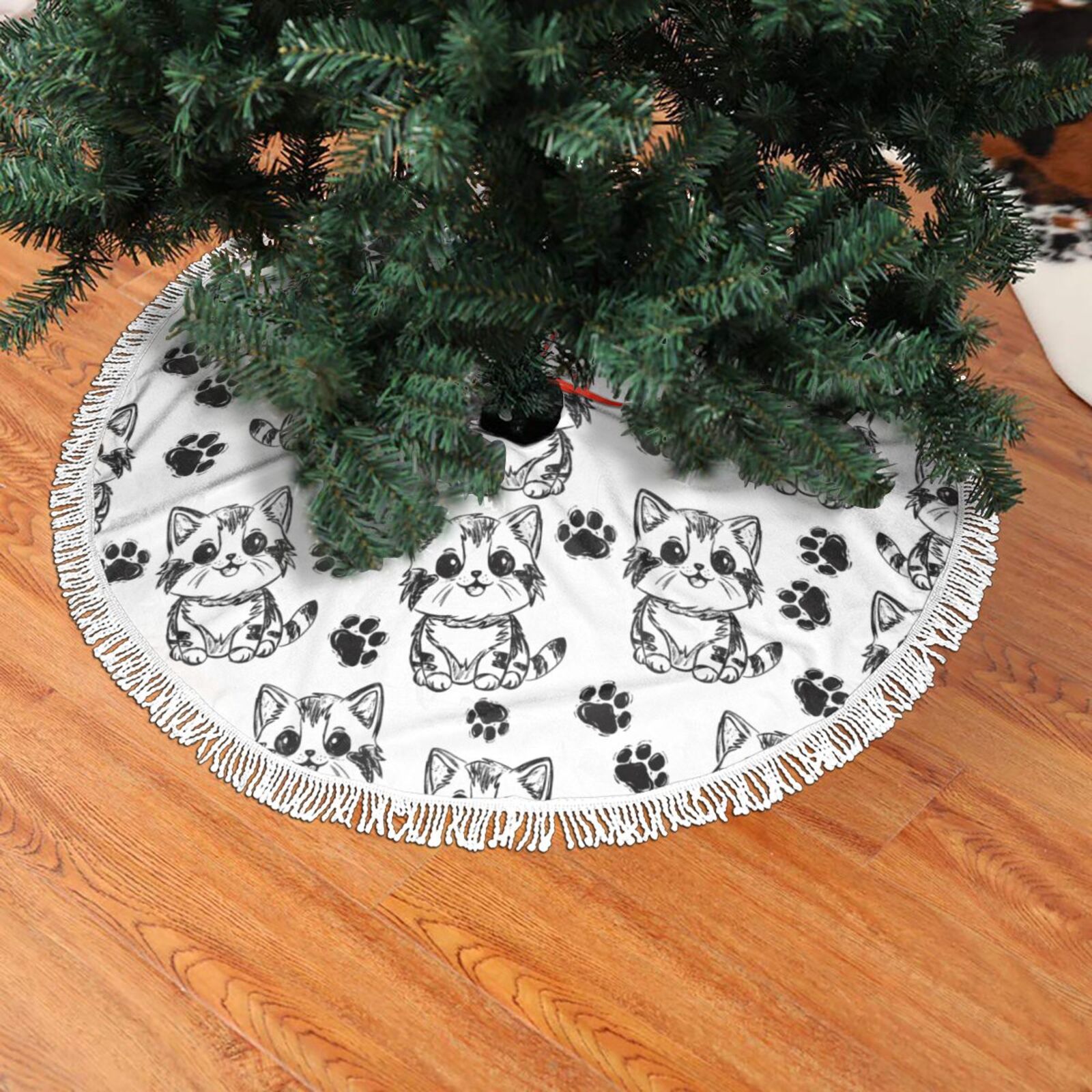 Christmas Tree Skirt, Sketch Cartoon Cat and Cat Paw Christmas Tree ...