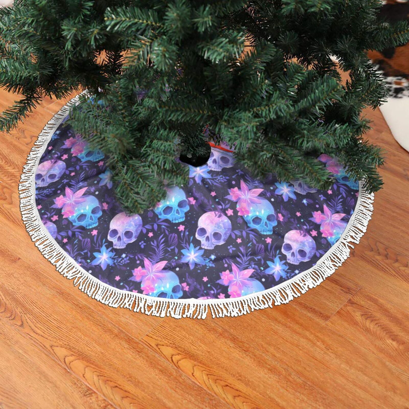 Christmas Tree Skirt, Skull starry sky flower leaf Christmas Tree ...